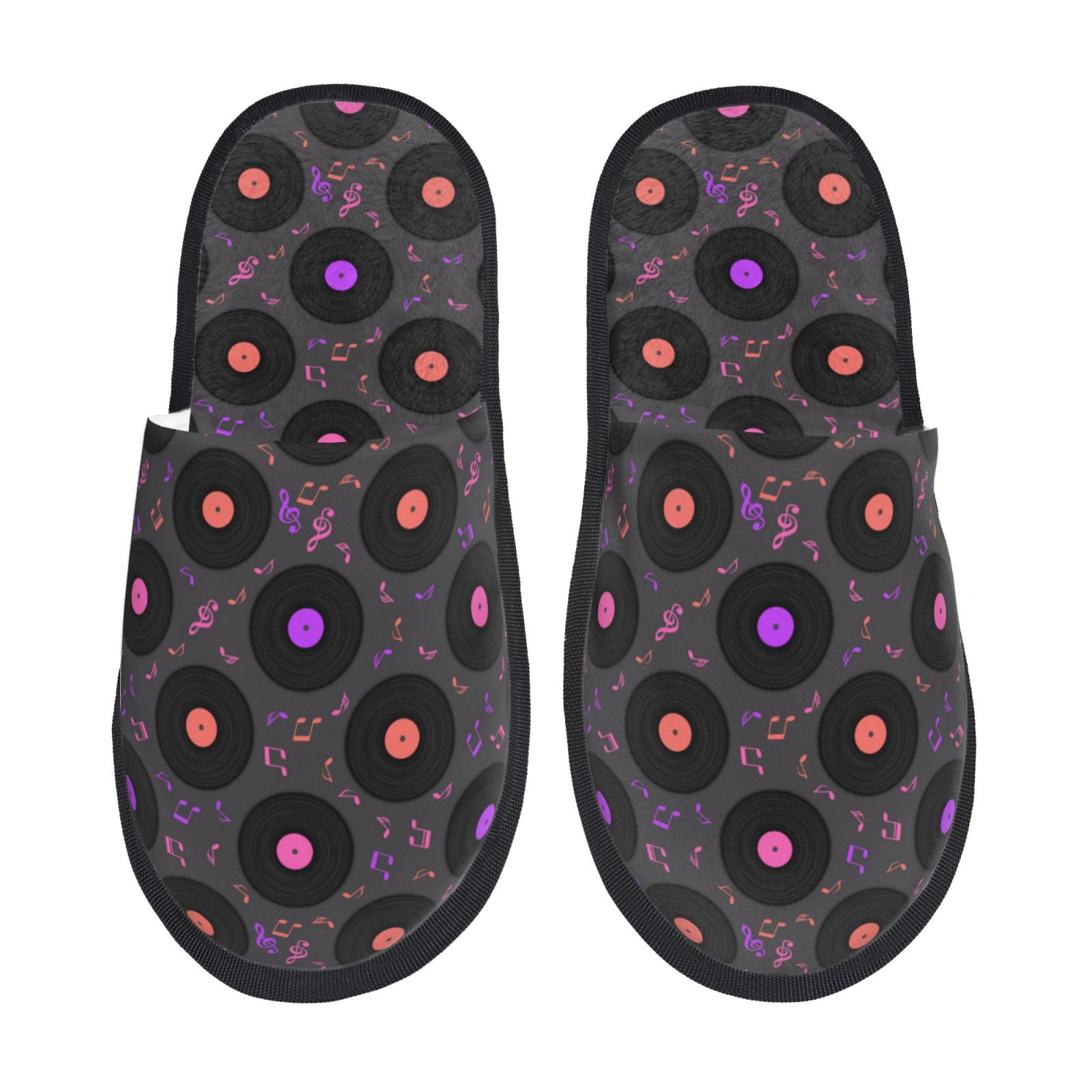 Daiia Vinyl Records Musical Notes Pattern Furry Slippers for Women and ...