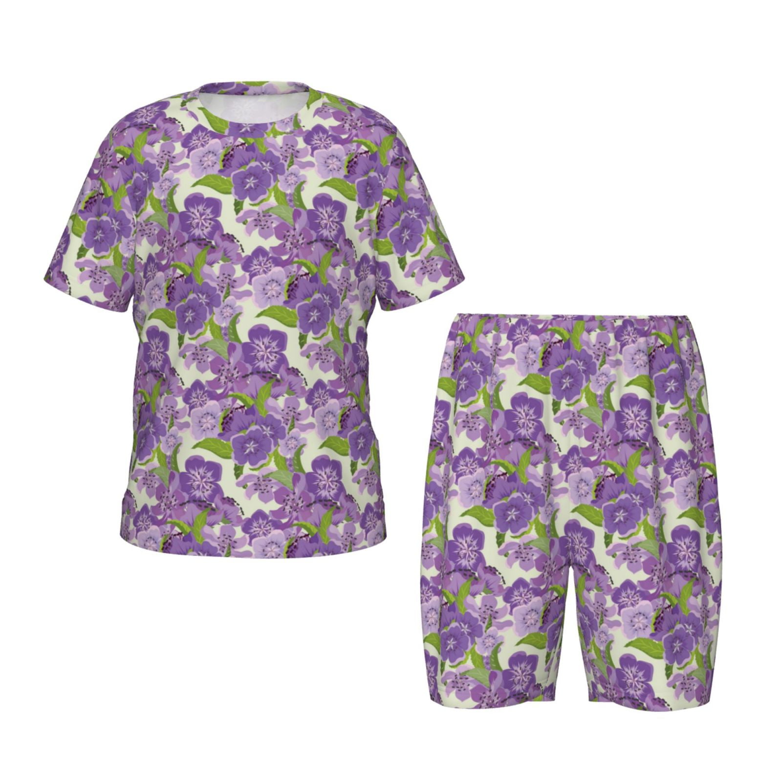 Daiia Violets Flowers Print Children’s Cotton Pajama Set – Short-Sleeved Top & Shorts ...