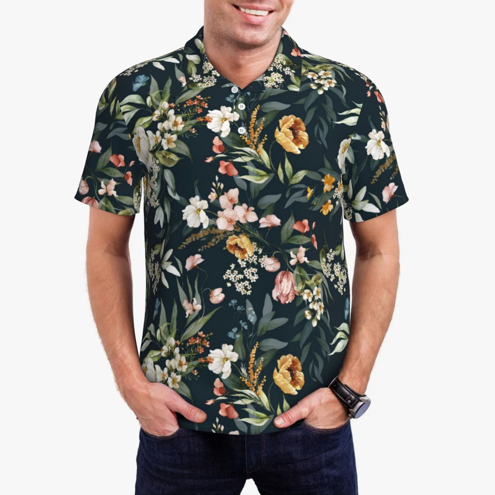 Daiia Watercolor Floral Pattern Men’s Polo Shirts,Solid Deck Shirt ...