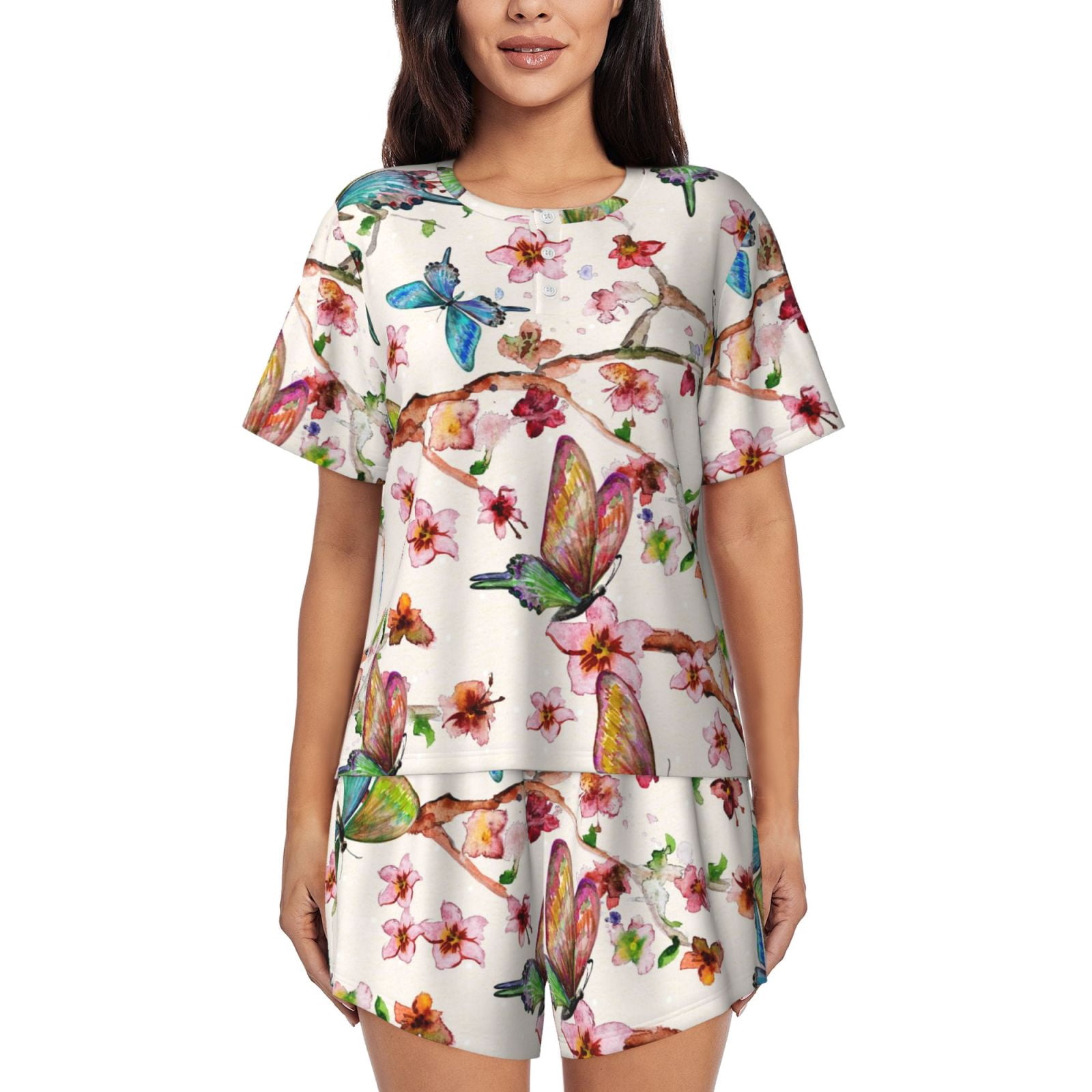 Daiia Watercolor Floral With Butterflies Pattern Womens Pajama Sets ...