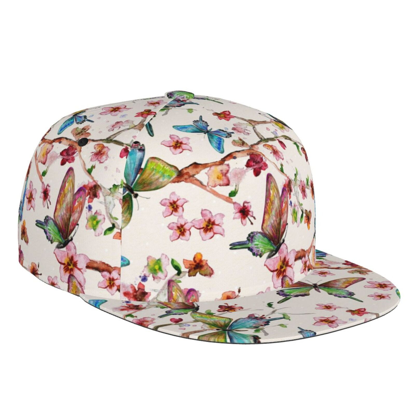 Daiia Watercolor Floral With Butterflies print Flat Bill Hats Flat Brim ...