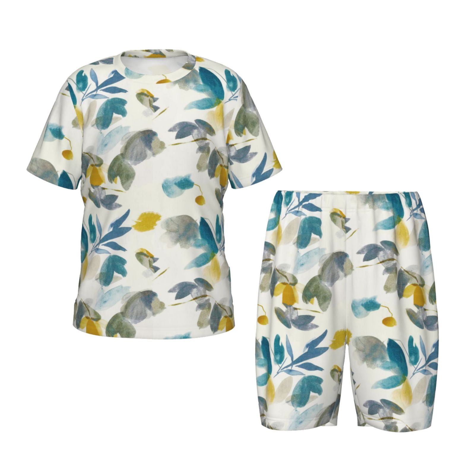 Daiia Watercolor Leaves Print Children’s Cotton Pajama Set – Short-Sleeved Top & Shorts ...