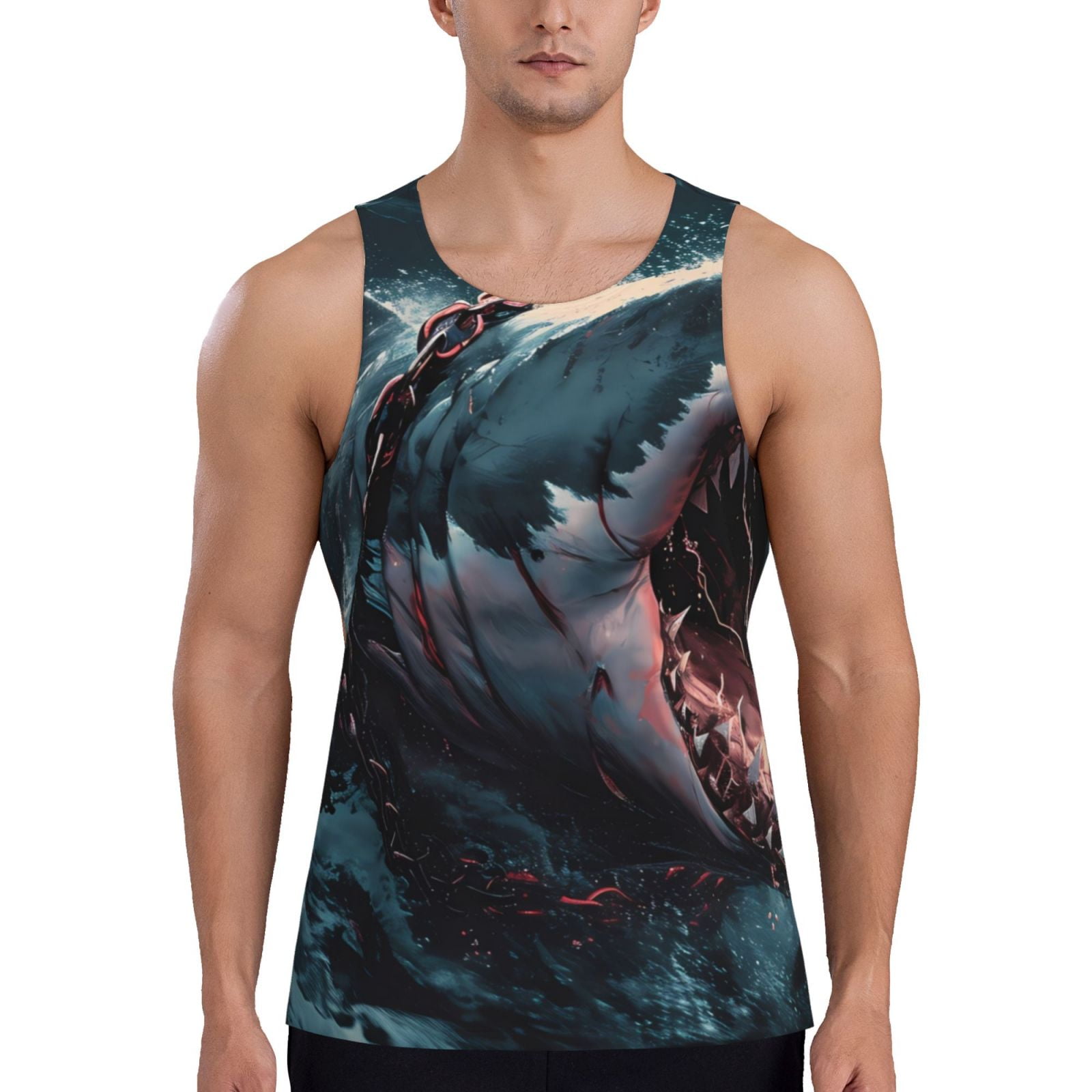 Daiia Wave Chain Shark Printed Men's Quick Dry Fit Muscle Tank Top Slim ...