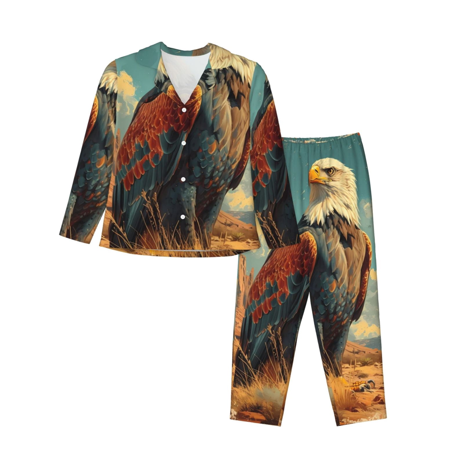 Daiia Western Desert Cactus Bald Eagle for Women's Long-Sleeved Pajama ...