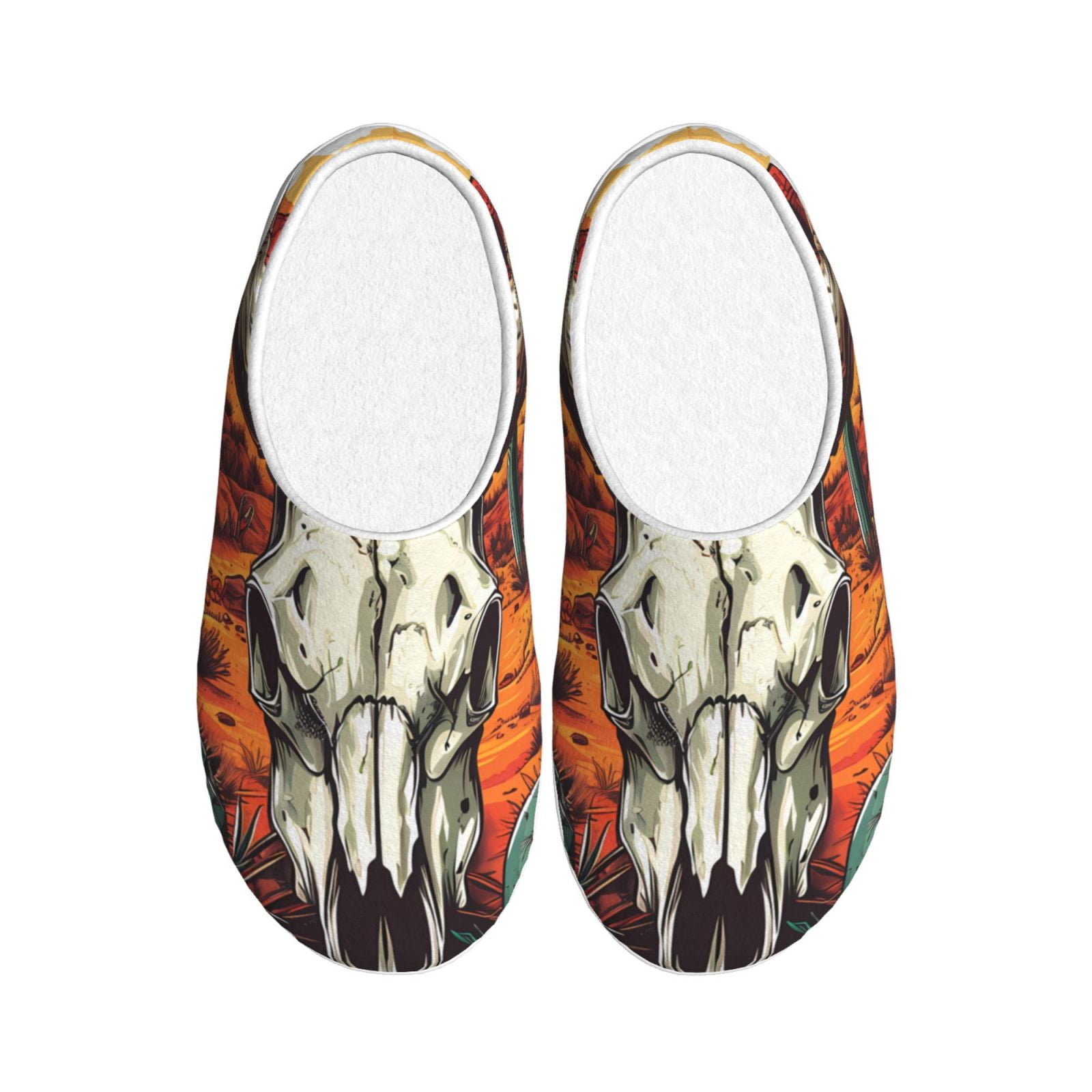 Daiia Western Desert Cactus Ram Skull Print Women’s Fuzzy Slippers ...
