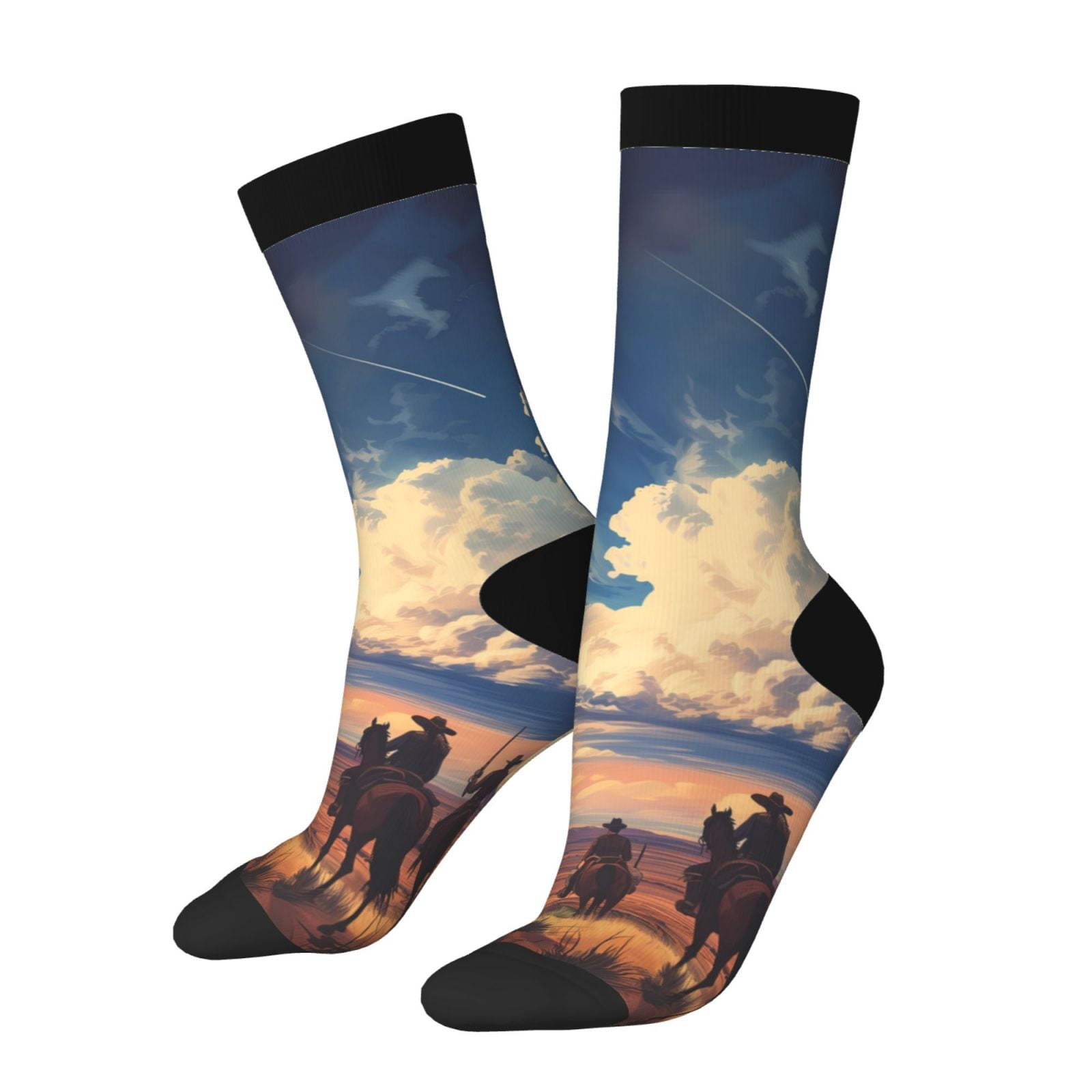 Daiia Western Desert Cloud Cowboy Print Crew Socks – Soft Breathable ...