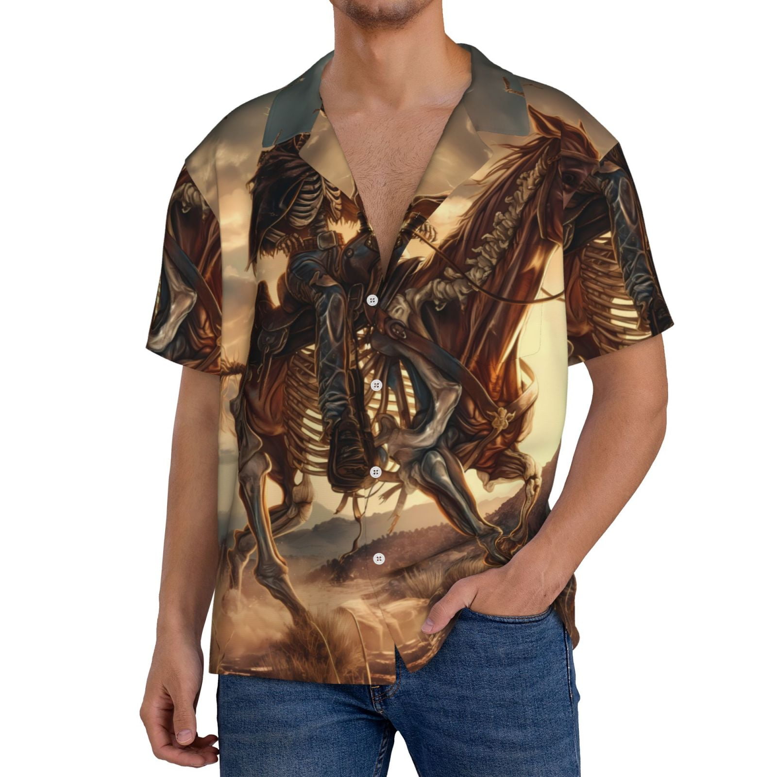 Daiia Western Skeleton Cowboy Horse Men's Linen Shirts Short Sleeve ...