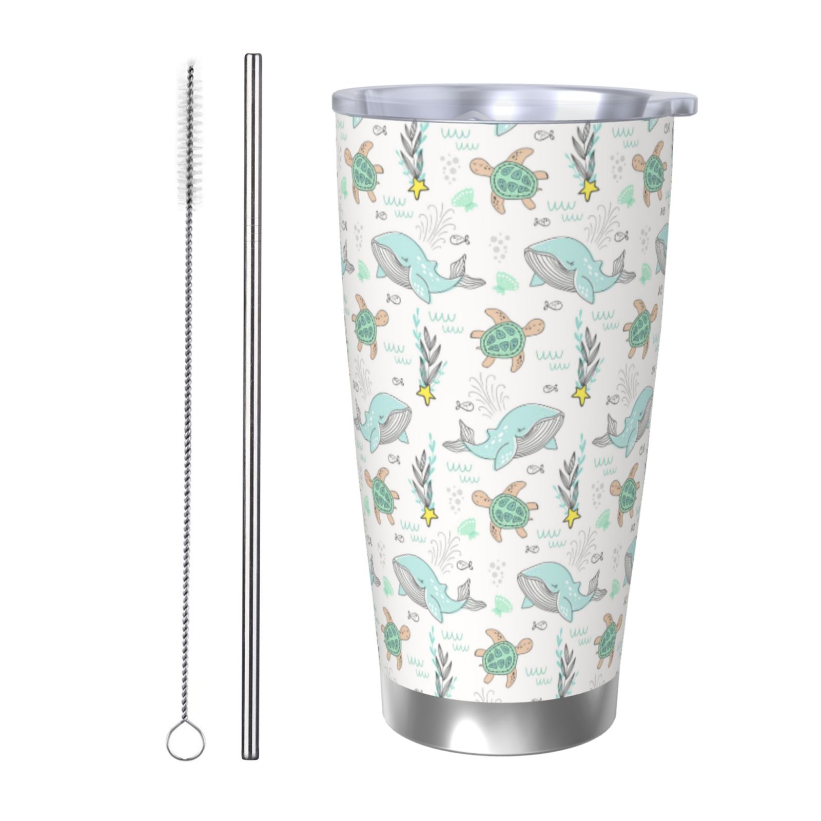 Daiia Whale And Turtle Printed 20oz Insulated Coffee Cup with Straw ...