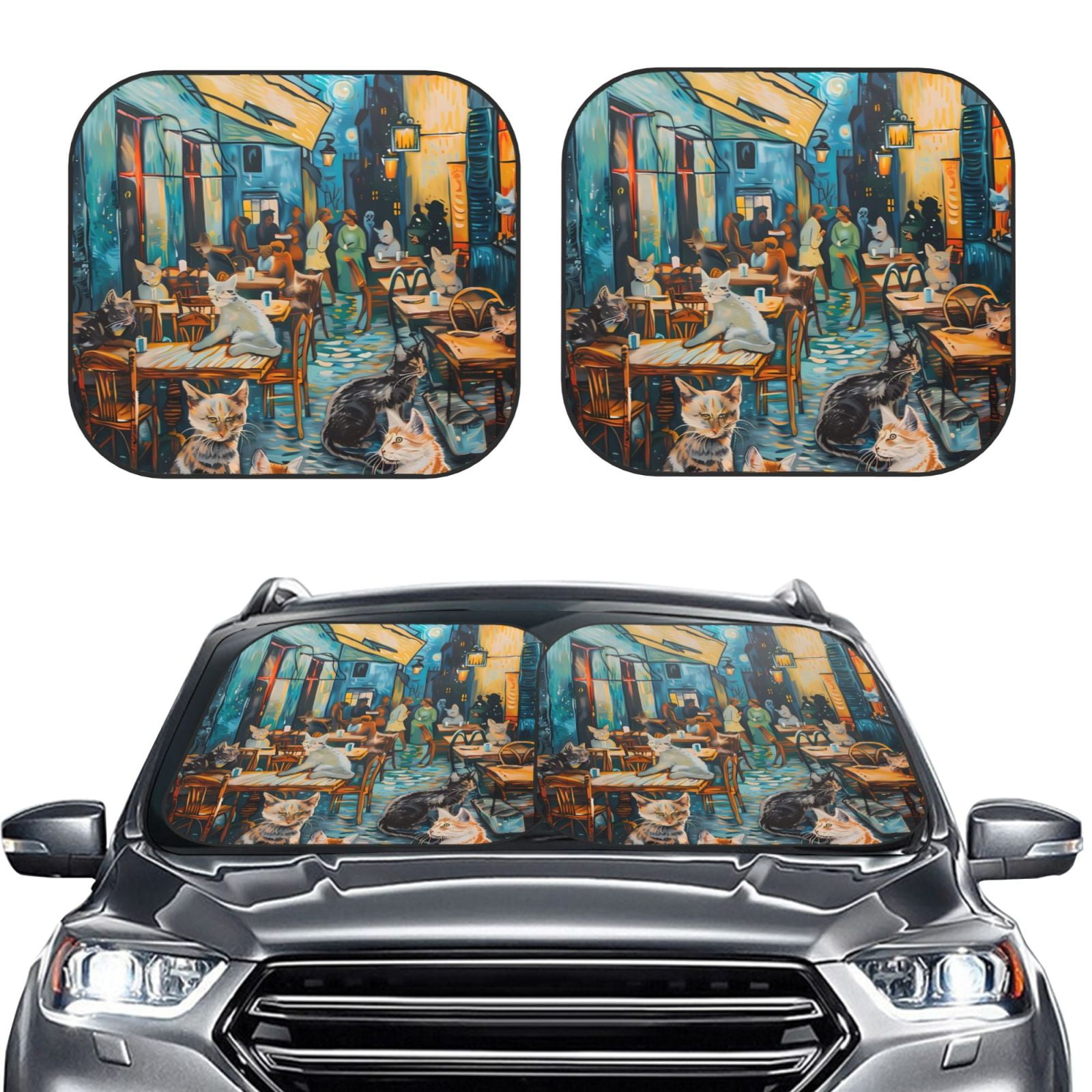 Daiia Whimsical Cats Night Cafe 2PCS Car Windshield Sun Shade, Foldable ...