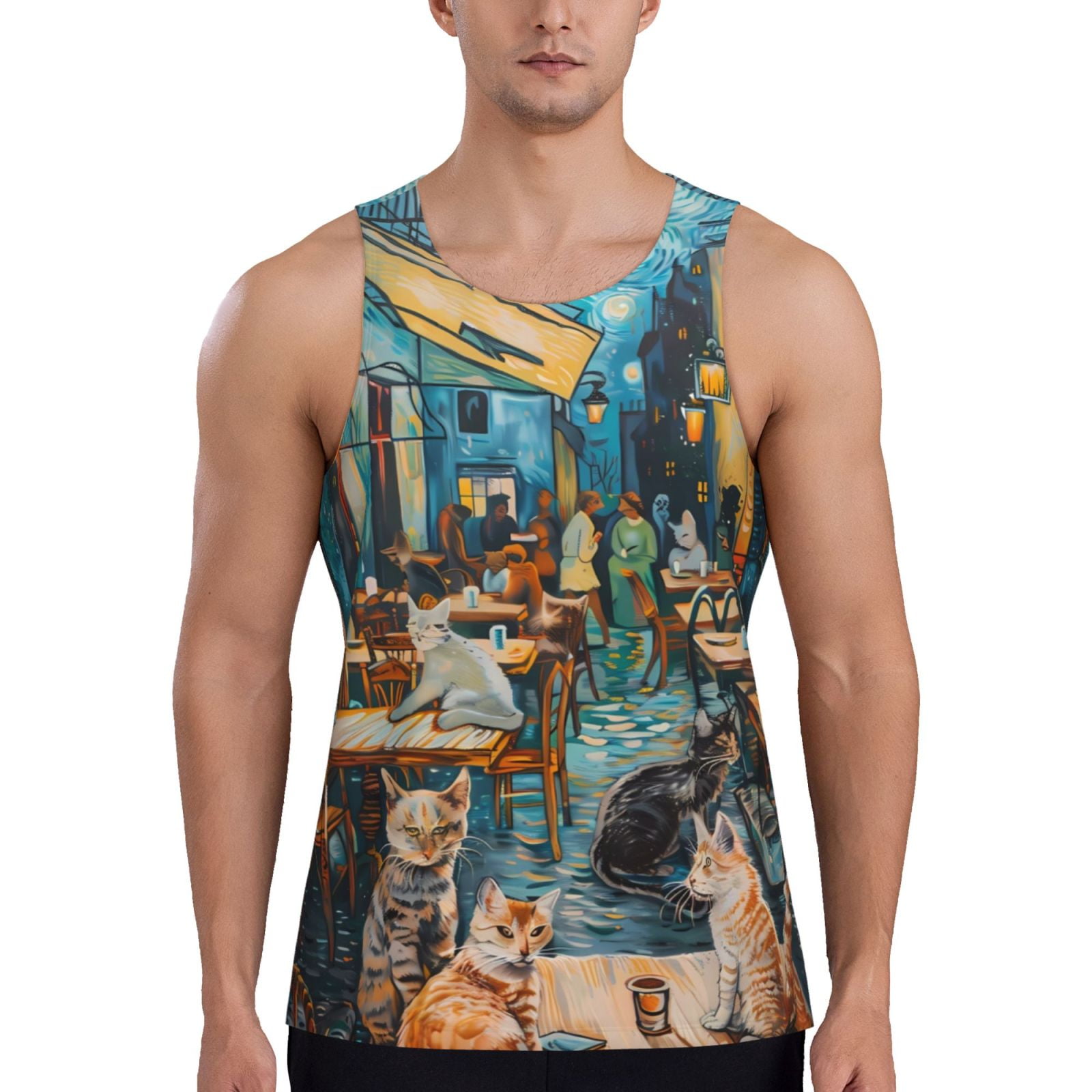 Daiia Whimsical Cats Night Cafe Printed Men's Quick Dry Fit Muscle Tank ...
