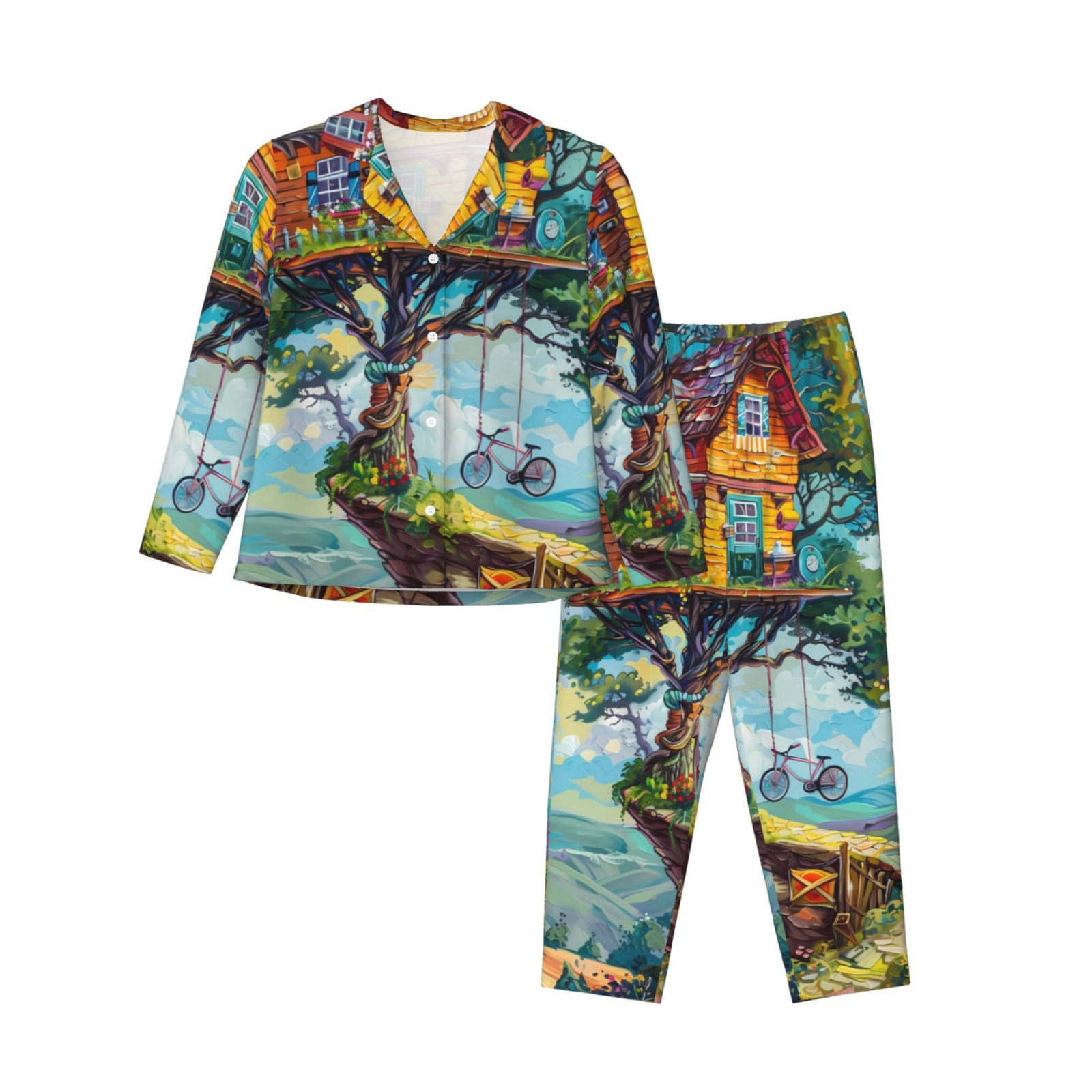 Daiia Whimsical Treehouse Painting for Women's Long-Sleeved Pajama Set ...
