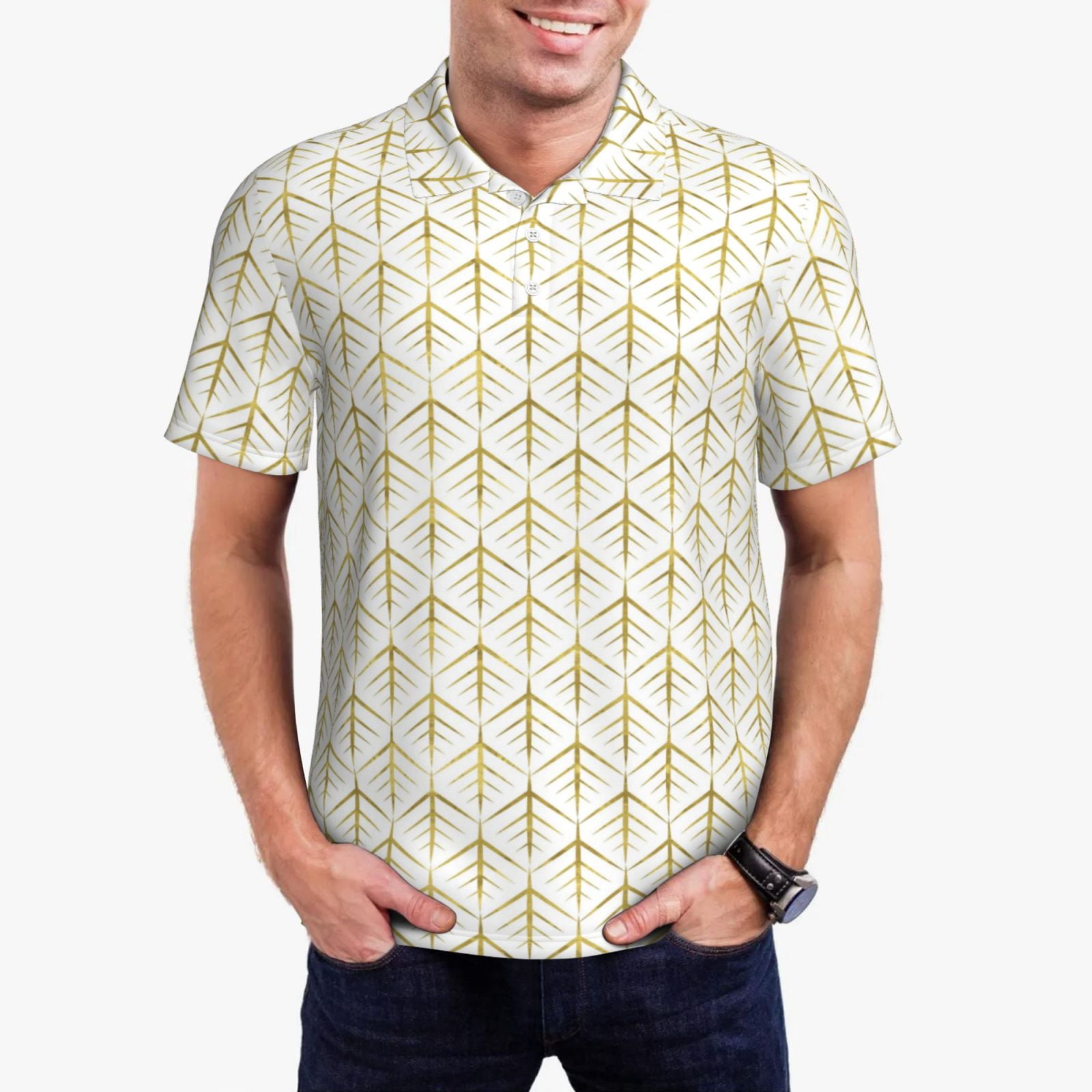 Daiia White And Gold Geometry Pattern Men’s Polo Shirts,Solid Deck ...