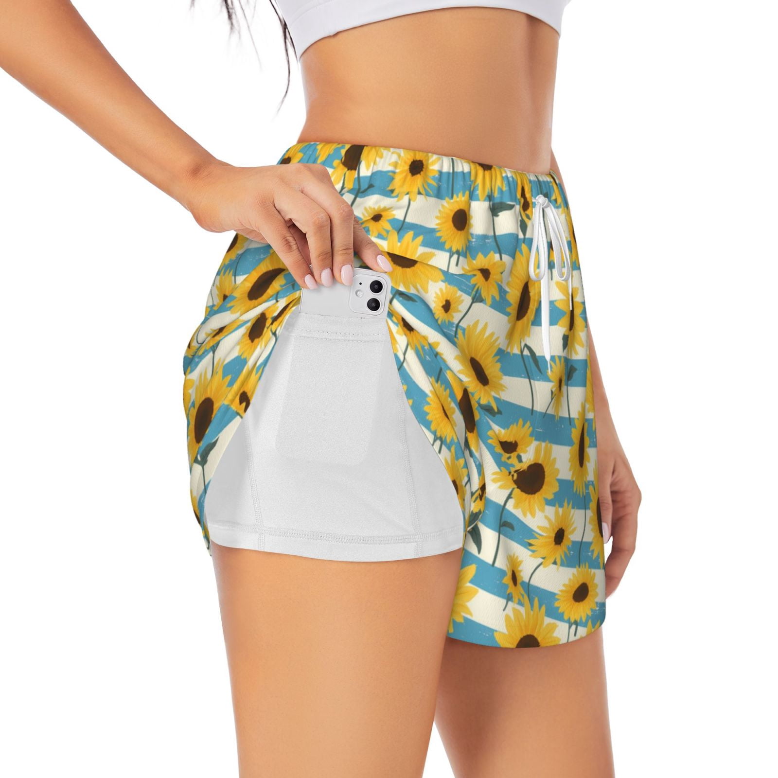 Daiia White Blue Striped Sunflower Pattern Women's 2 in 1 Running ...