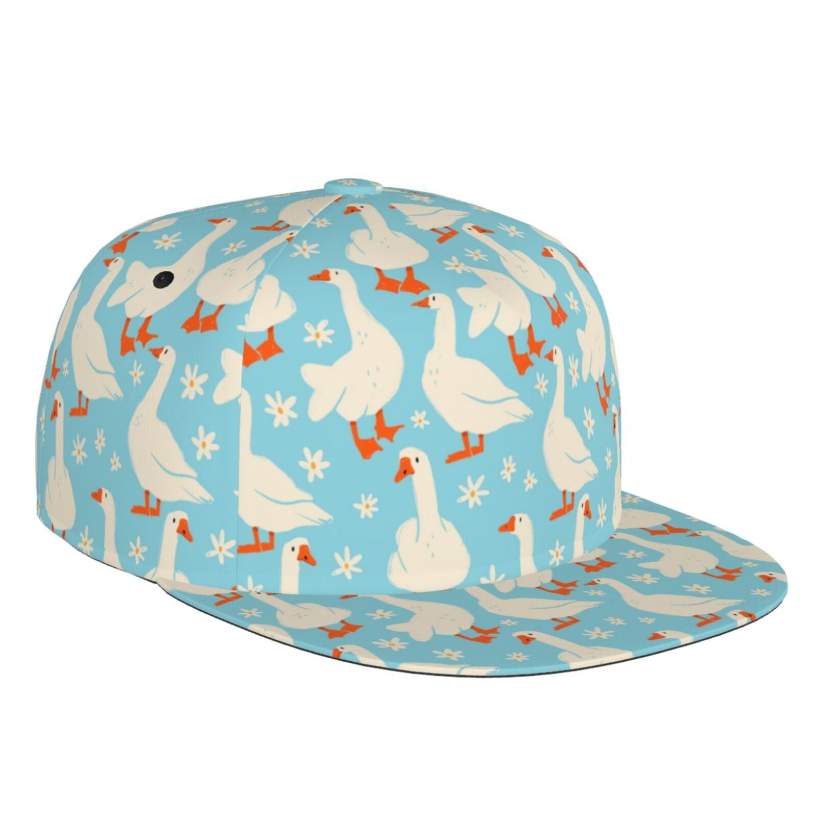 Daiia White Geese and Flower print Flat Bill Hats Flat Brim Trucker Cap ...