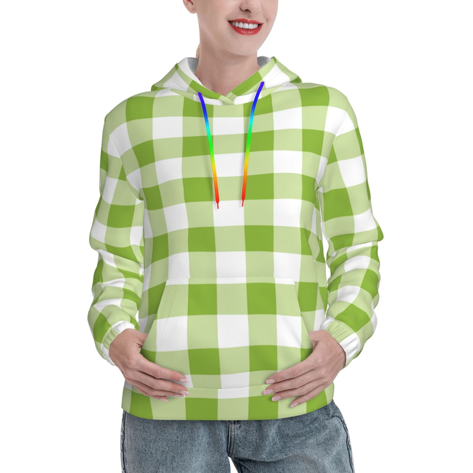 Daiia White Green Plaid Pattern Women's Fashion Hoodies & Sweatshirts ...