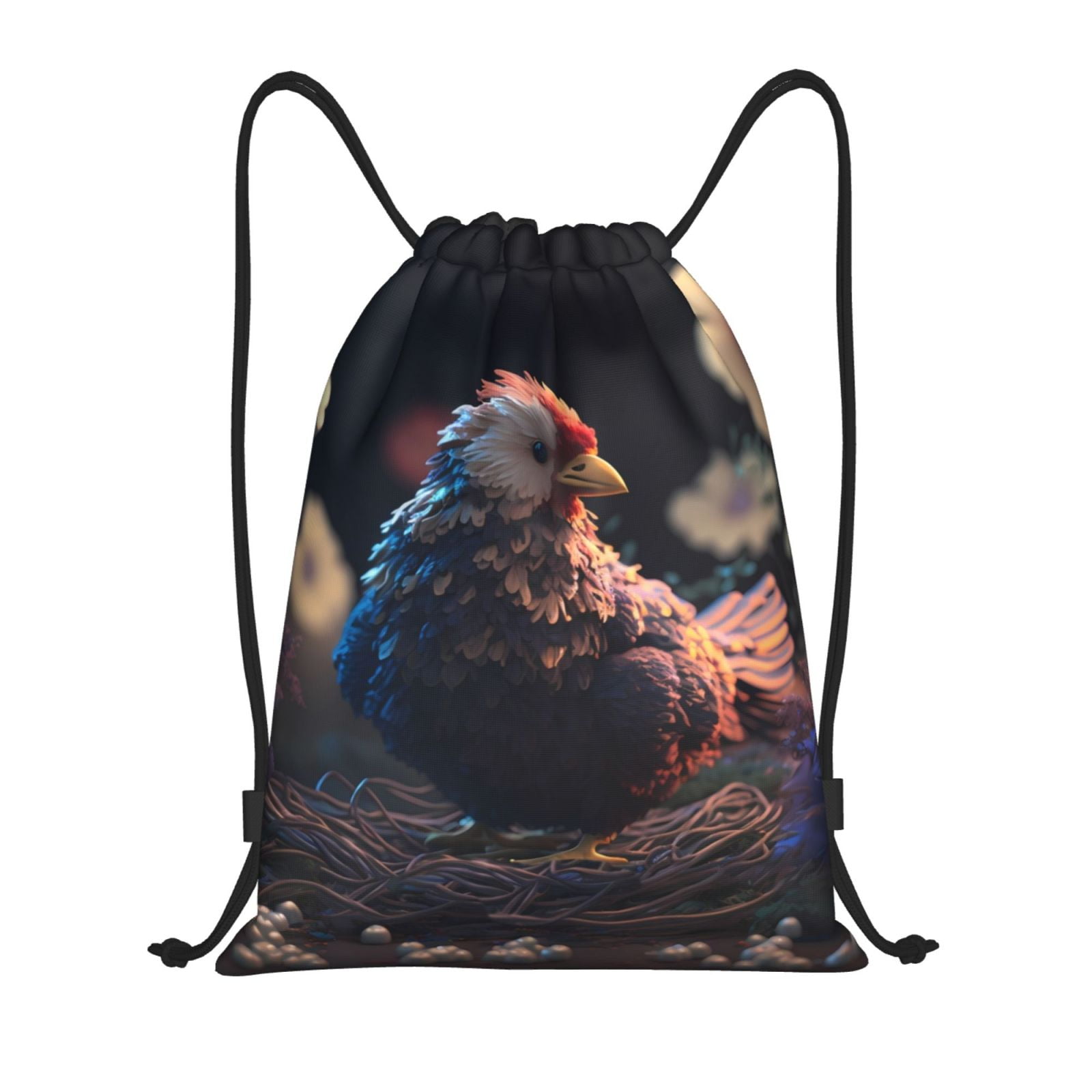 Daiia White Purple Flower Chicken Pattern Drawstring Backpack, Gym Bag ...