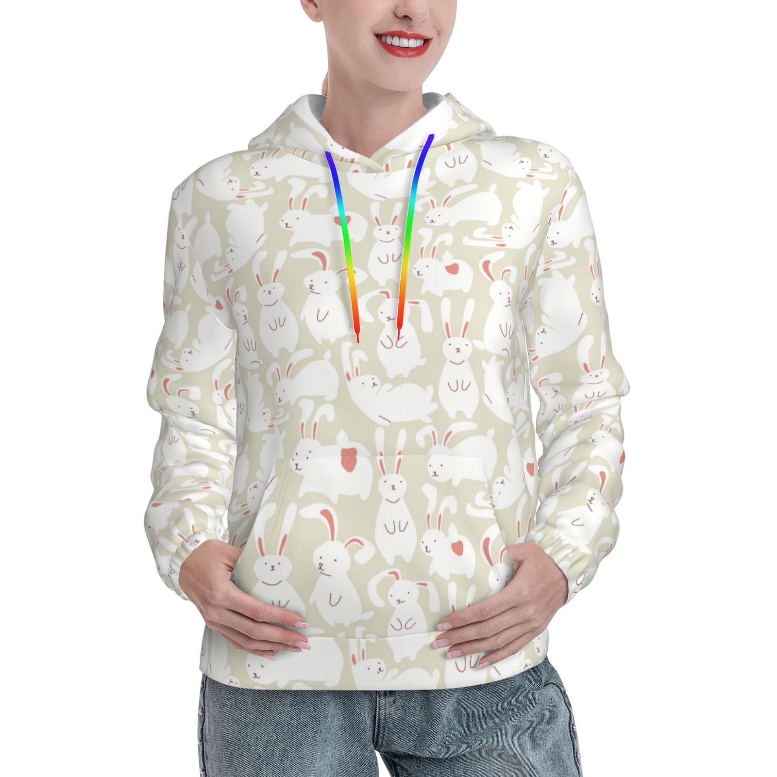 Daiia White Rabbit Pattern Women's Fashion Hoodies & Sweatshirts with ...
