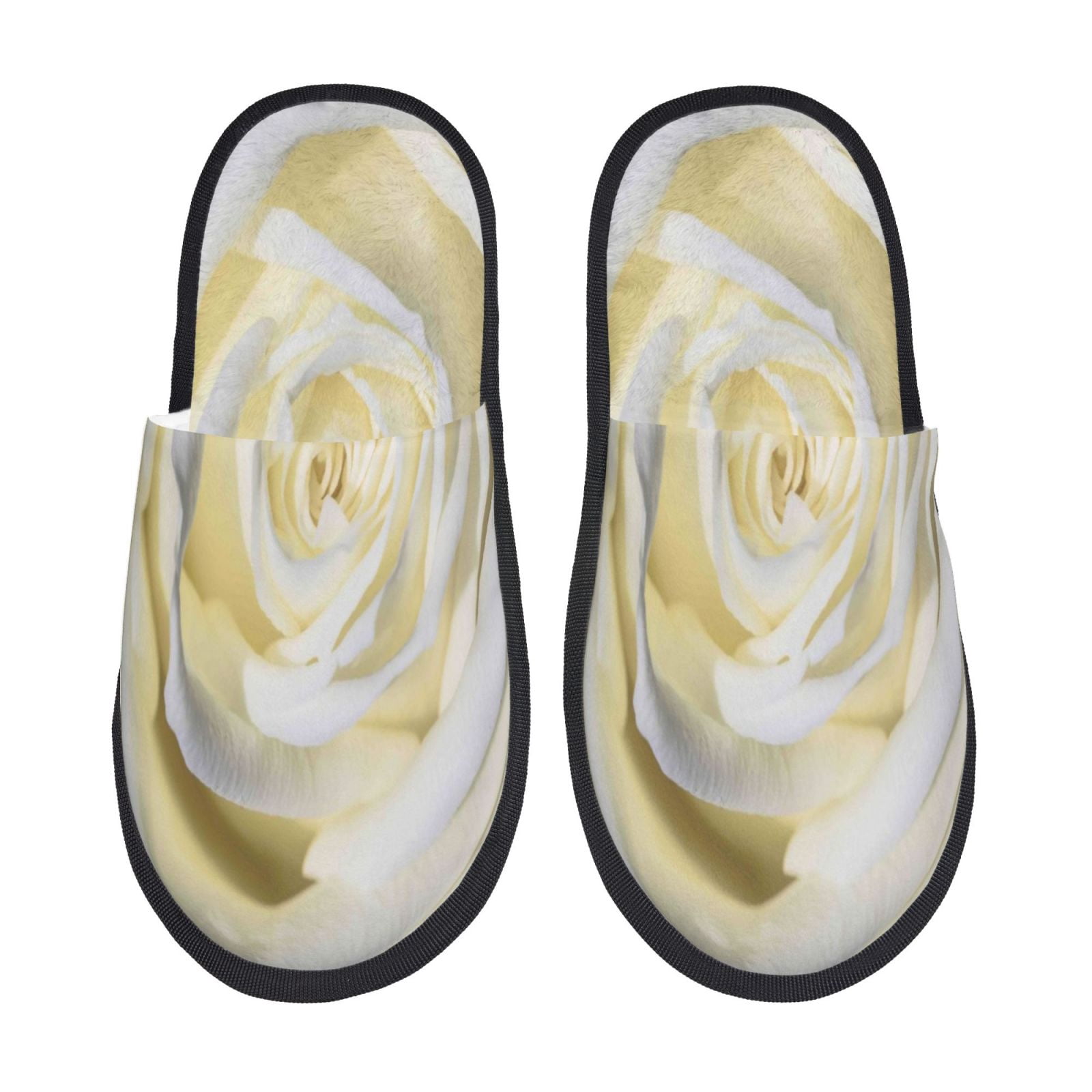 Daiia White Rose Pattern Furry Slippers for Women and Men, Soft Plush ...