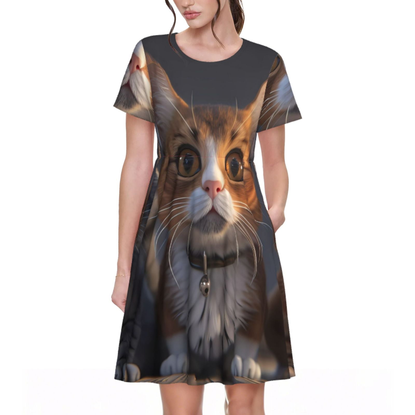 Daiia Wide Eyed Cartoon Cats Print Women's Dresses 2025 Trendy Short ...