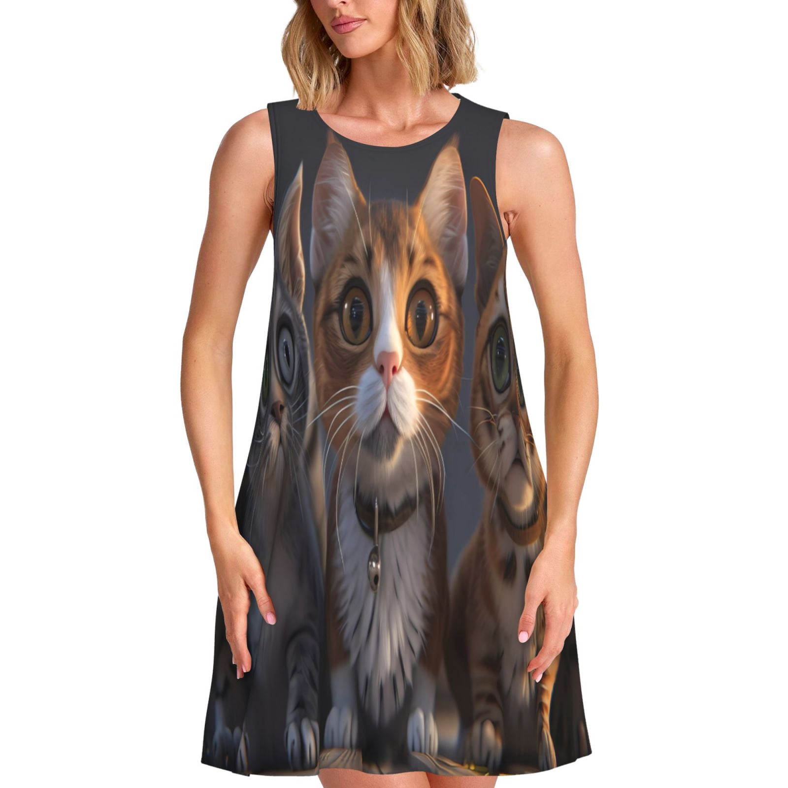 Daiia Wide Eyed Cartoon Cats Print Women's Dresses 2025 Trendy Short ...