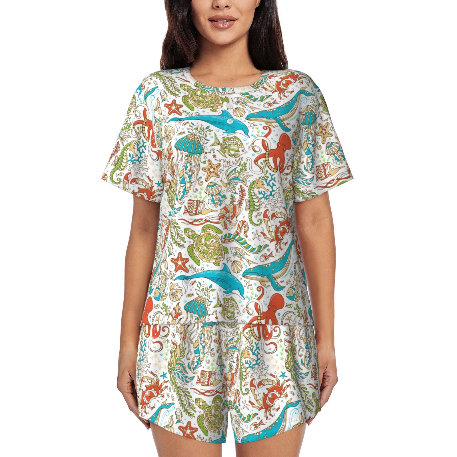 Daiia Wild Sea Life Pattern Womens Pajama Sets Short Sleeve Pajamas for ...