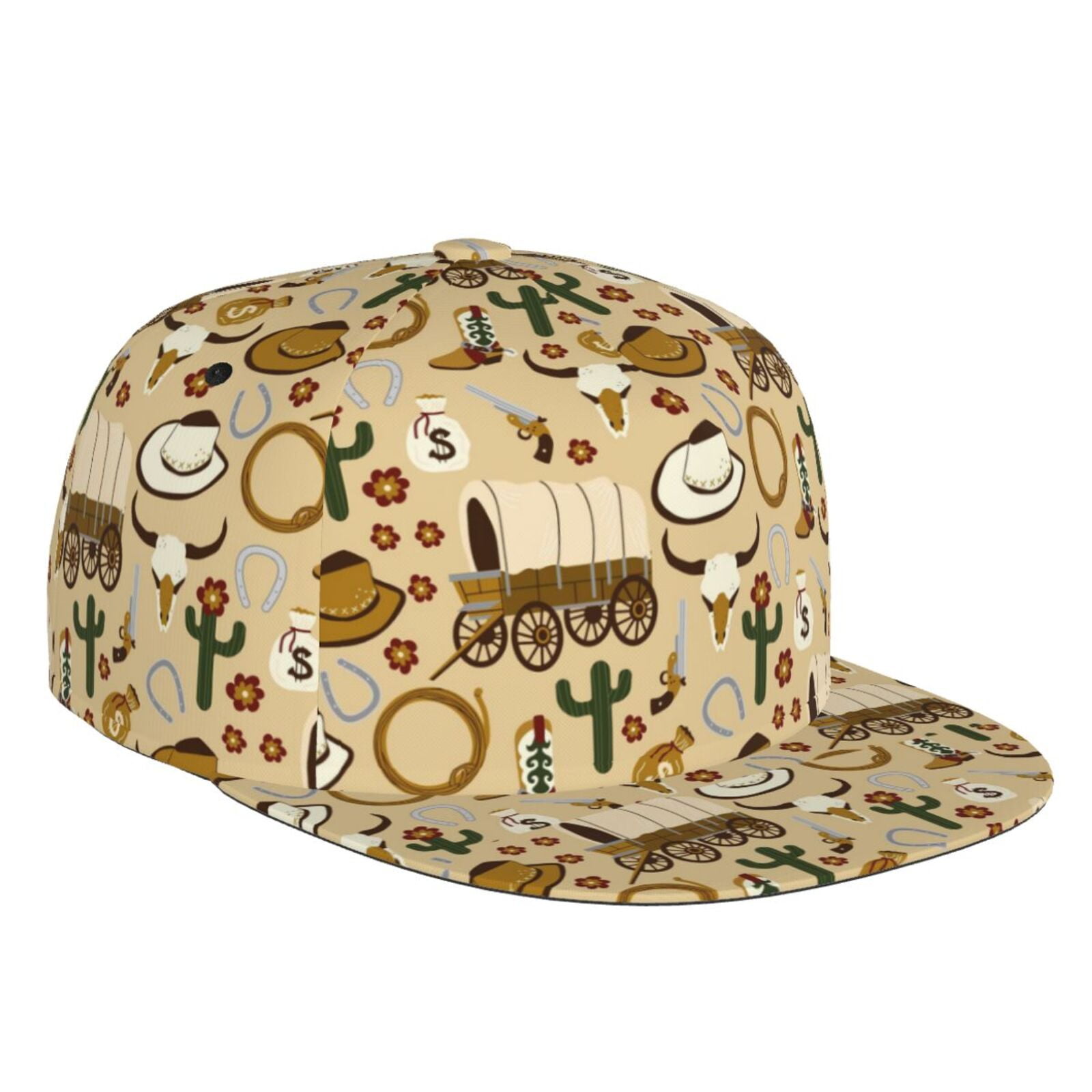 Daiia Wild West Cowboy print Flat Bill Hats Flat Brim Trucker Cap ...