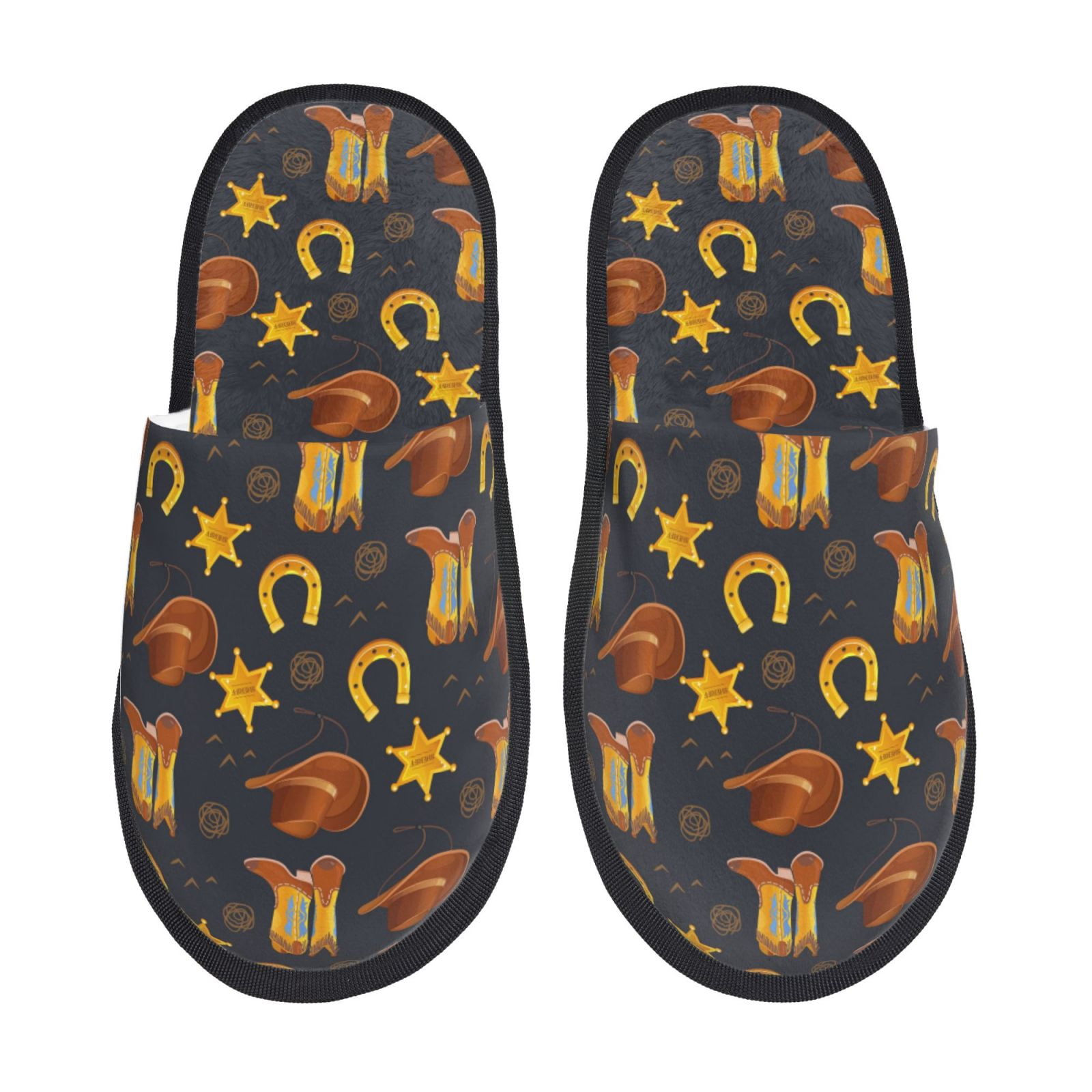 Daiia Wild West Golden Horseshoe Pattern Furry Slippers for Women and ...