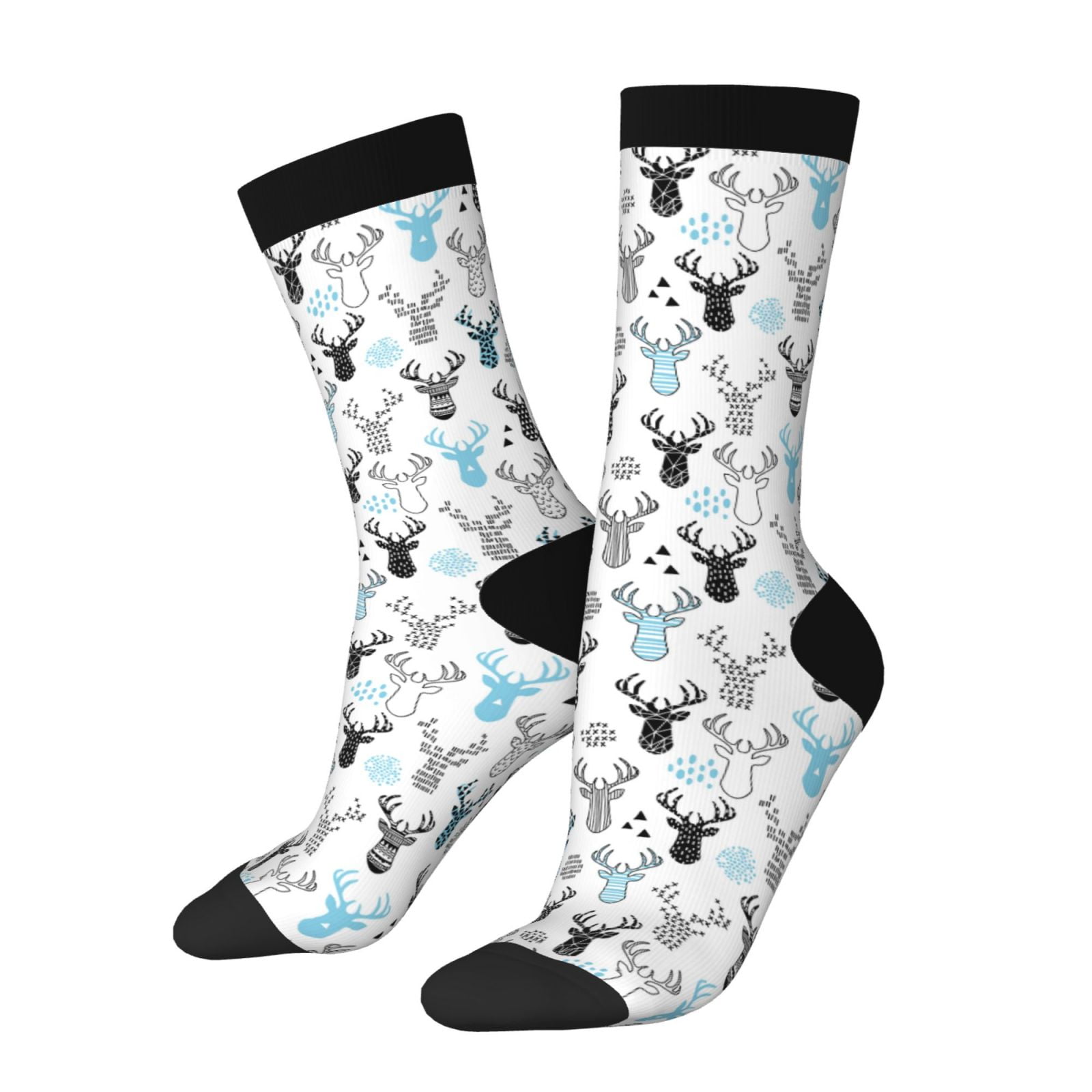 Daiia Winter Art Blue and Black Moose Print Crew Socks – Soft ...