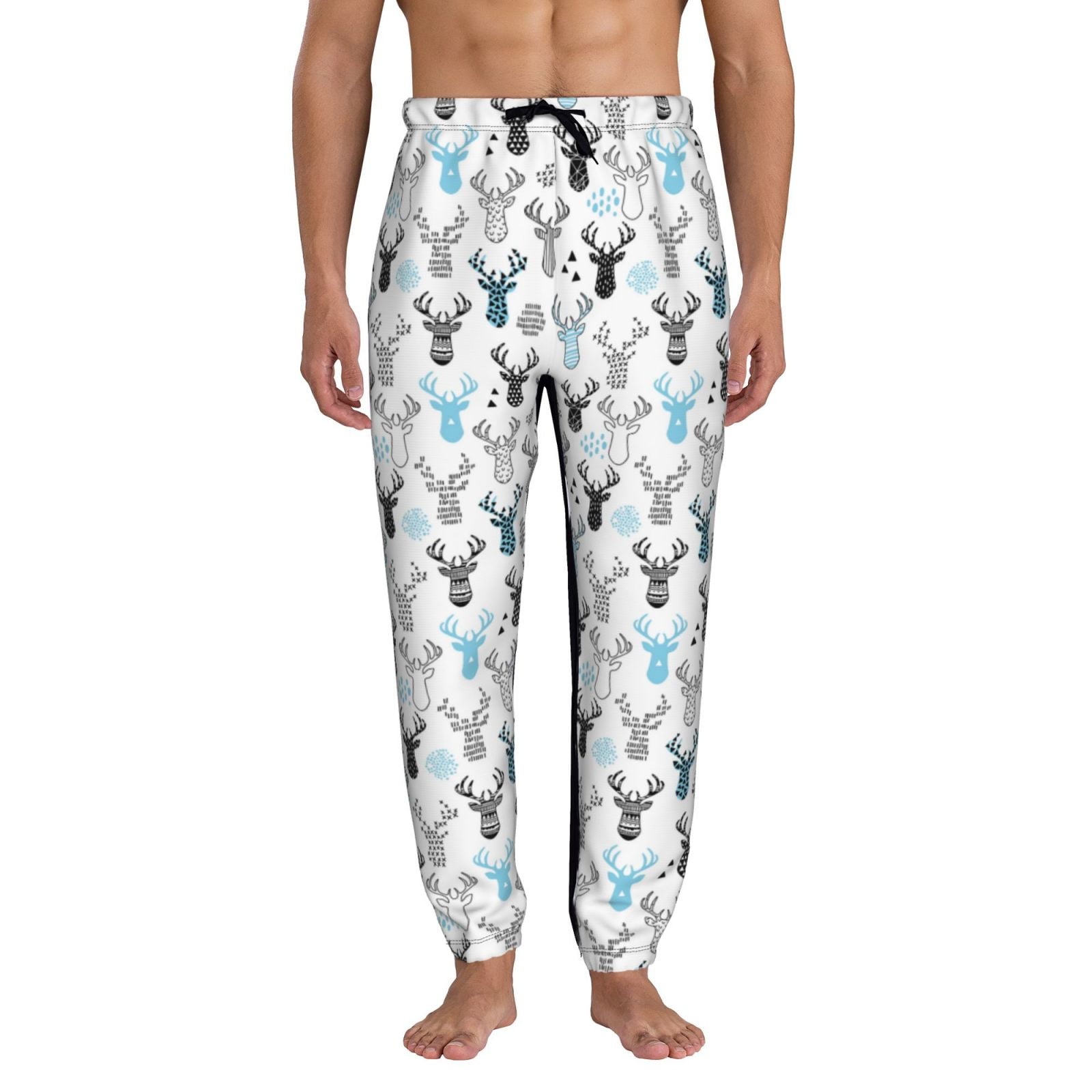 Daiia Winter Art Blue and Black Moose Print Sweatpants for Men Elastic ...