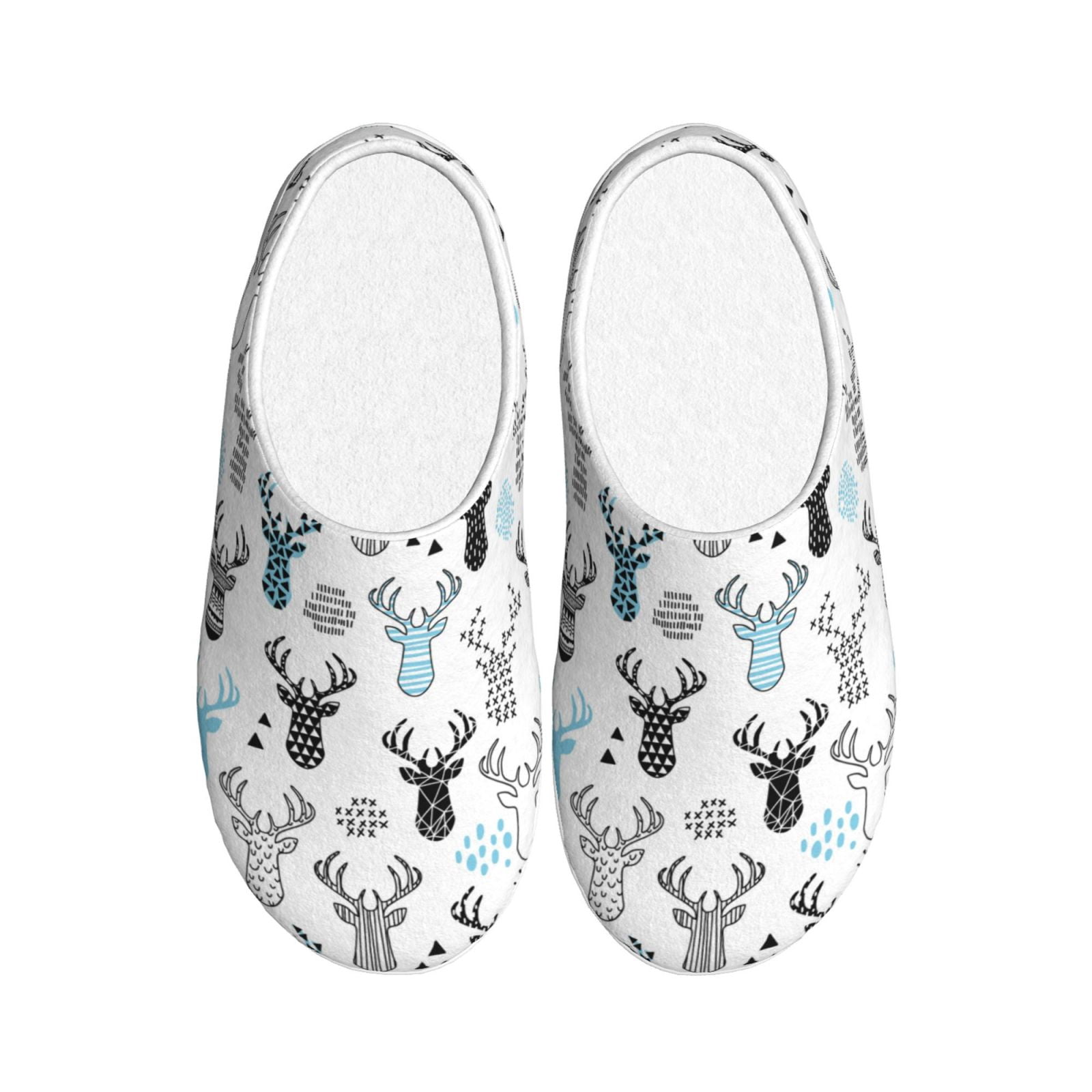 Daiia Winter Art Blue and Black Moose Print Women’s Fuzzy Slippers ...