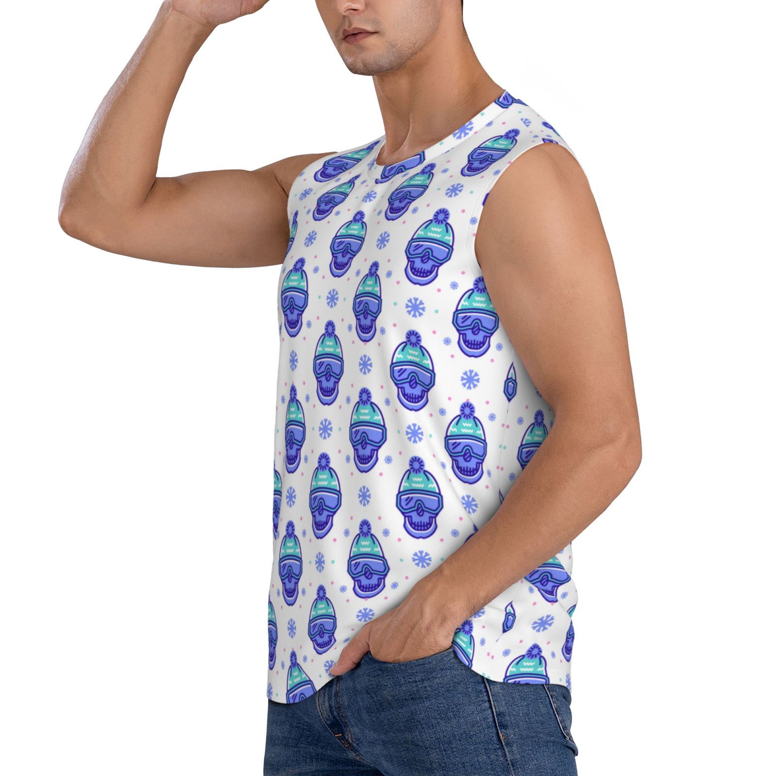 Daiia Winter Snowflake Skiing Skull Printed Men's Tank Tops,Casual Soft ...