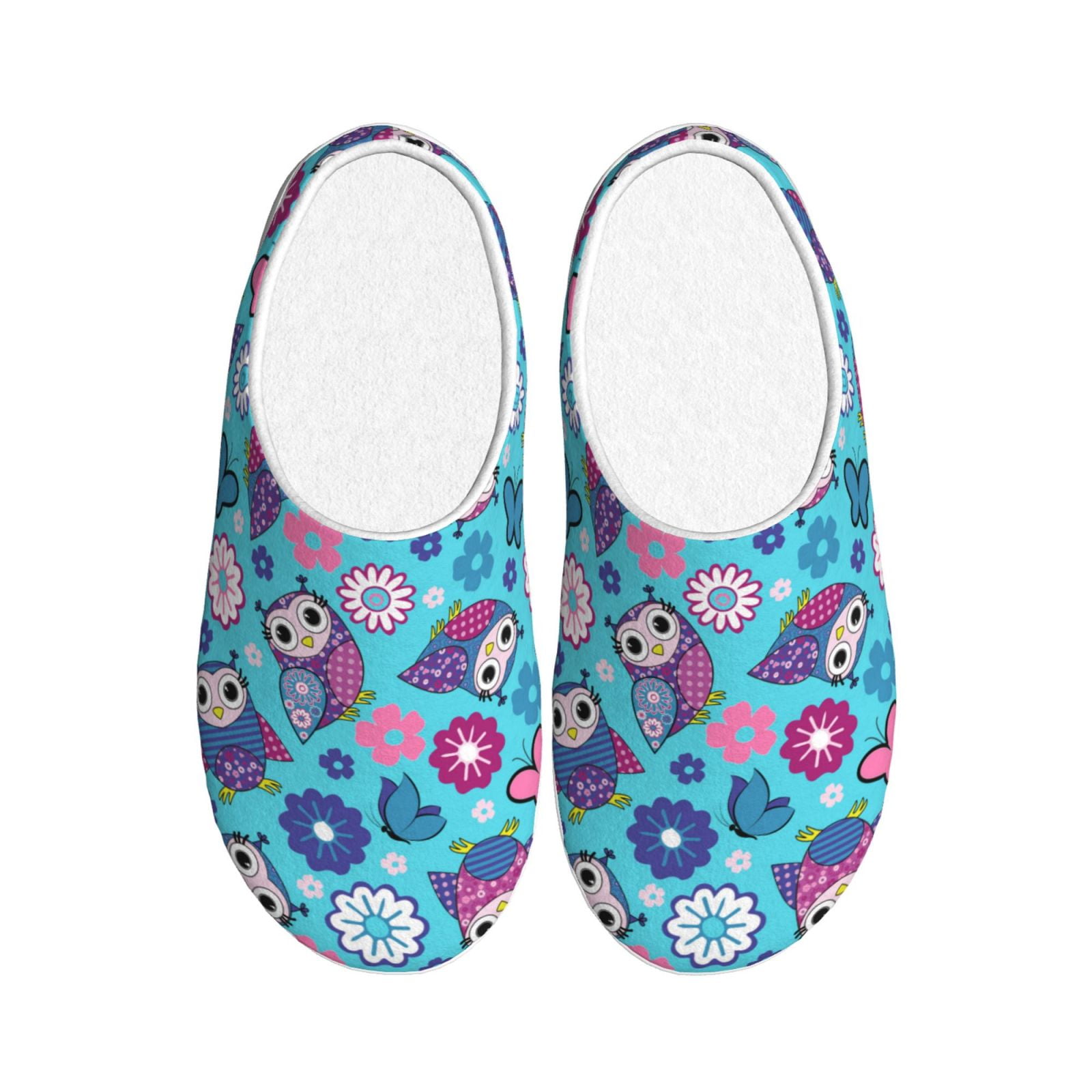 Daiia Wls And Flowers Print Women’s Fuzzy Slippers Memory Foam Lightweight House Shoes Cozy ...