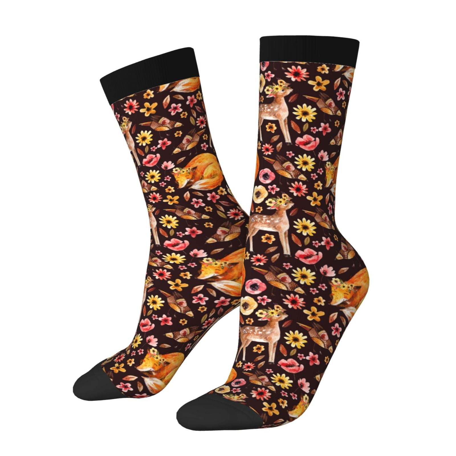 Daiia Woodland Creatures Floral Print Crew Socks – Soft Breathable Long ...