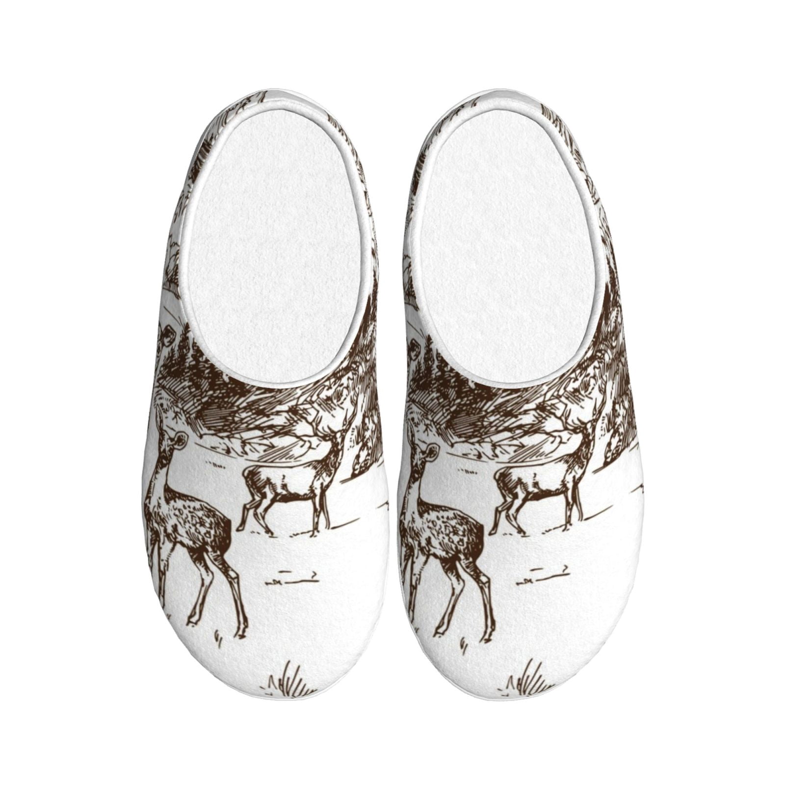 Daiia Woodland Forest With Deers Print Women’s Fuzzy Slippers Memory ...