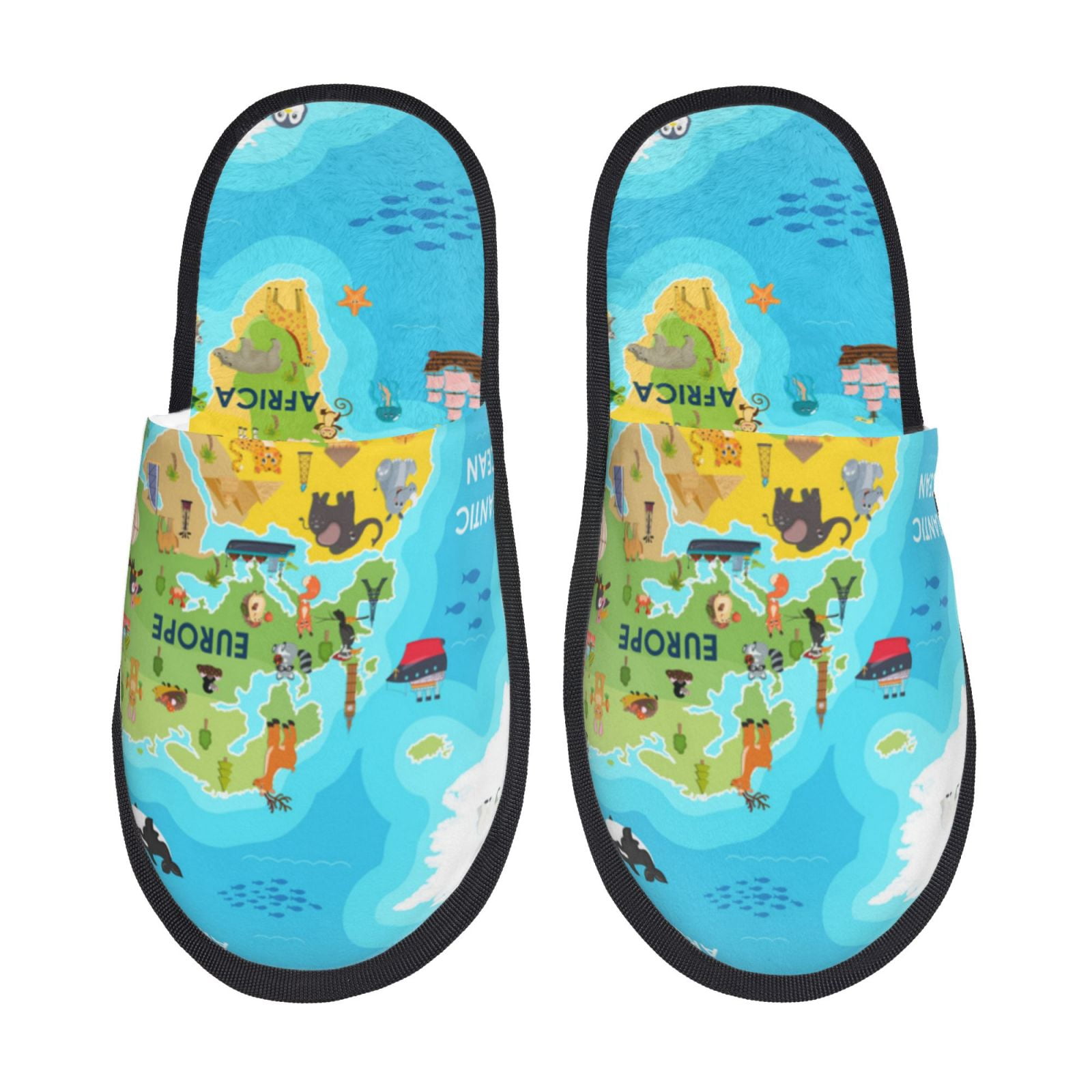 Daiia World Map With Animals Landmarks Pattern Furry Slippers for Women ...