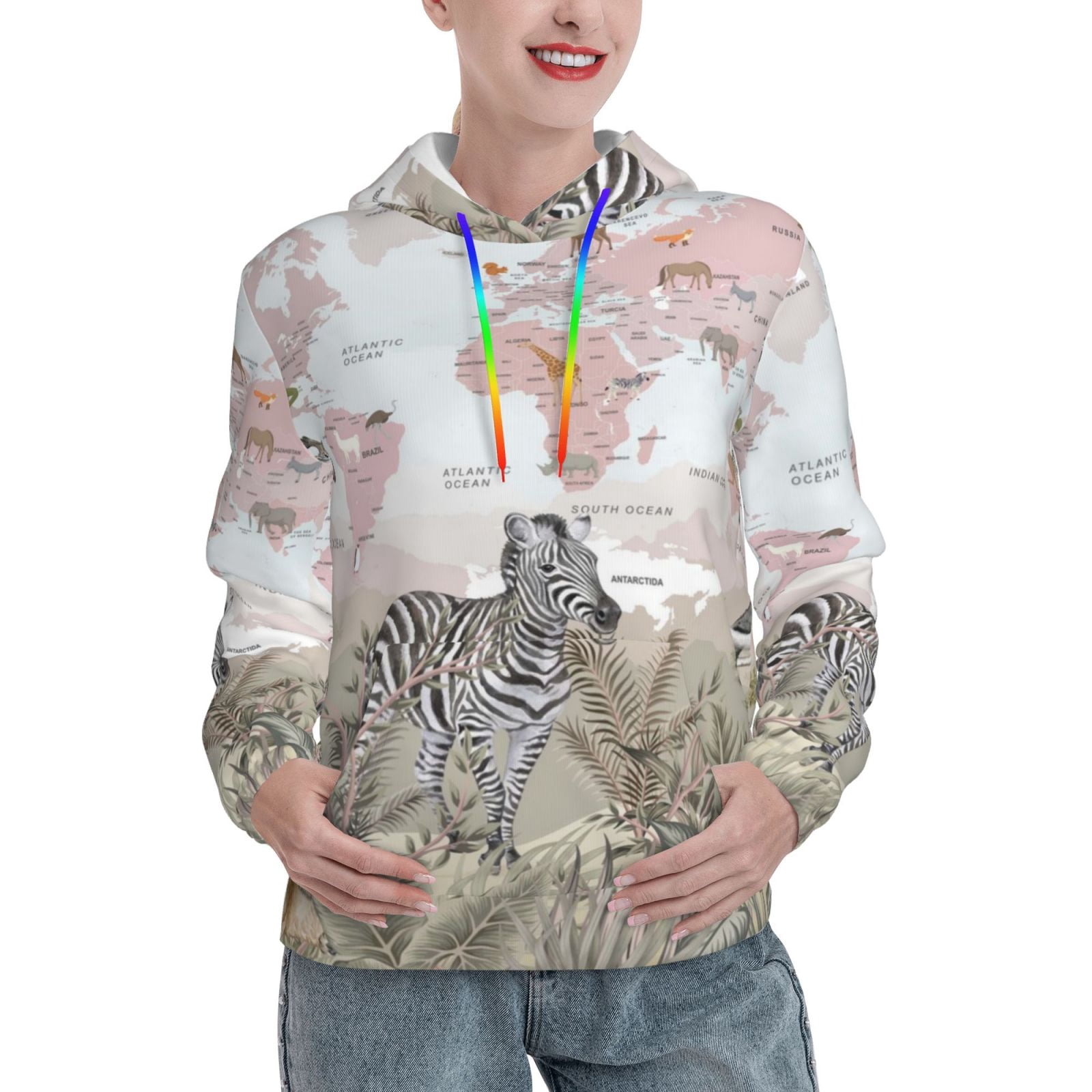 Daiia World Map With Safari Animals Pattern Women's Fashion Hoodies ...