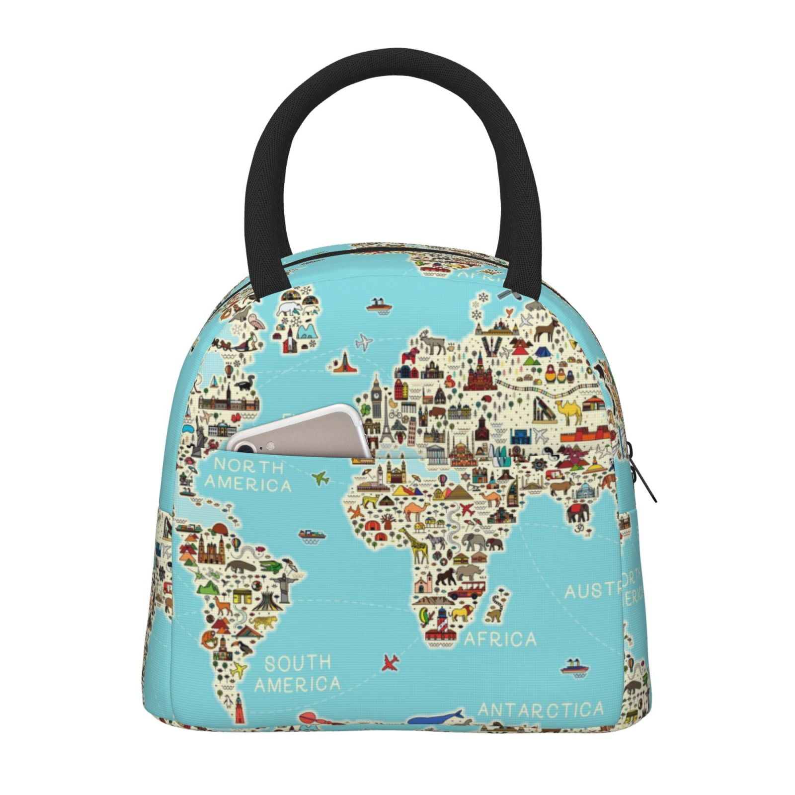 Daiia World Travel Line Icons Map Pattern Lunch Bag , Insulated Lunch ...