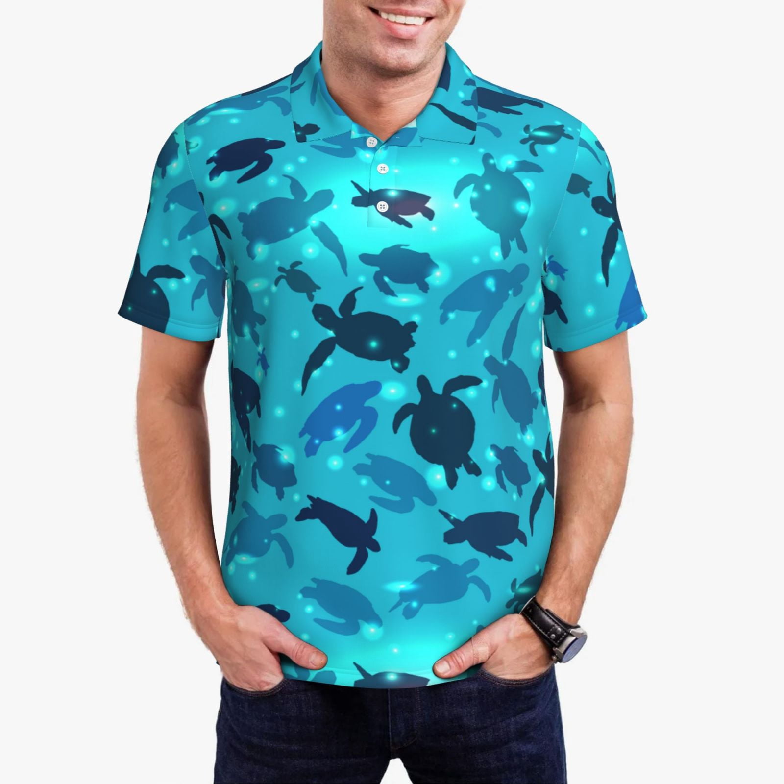Daiia World Turtle Day Pattern Men’s Polo Shirts,Solid Deck Shirt ...