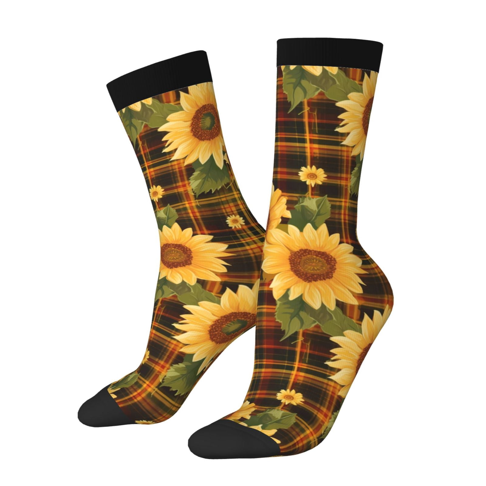 Daiia Yellow Black Plaid Sunflower Print Crew Socks – Soft Breathable ...