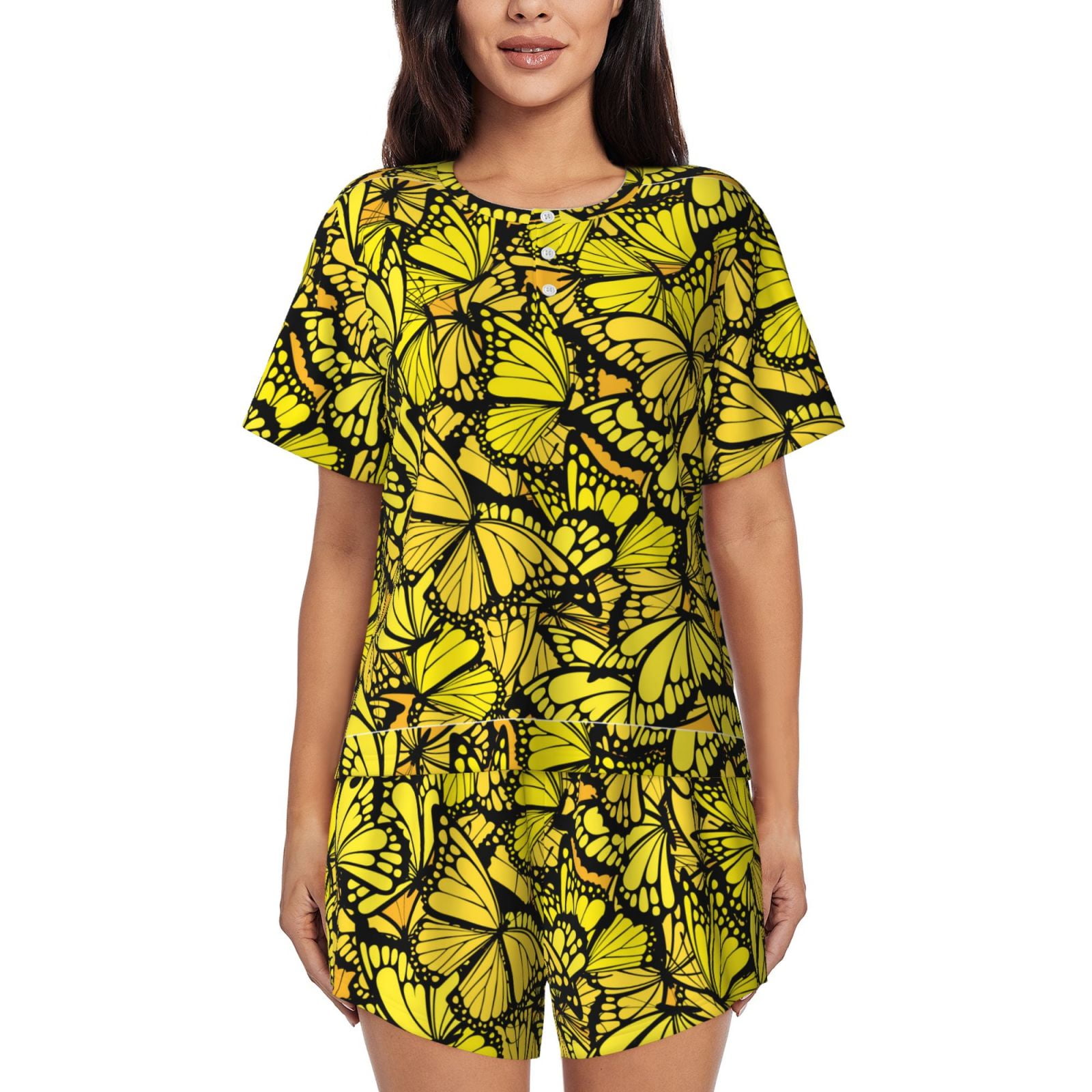 Daiia Yellow Butterflies Pattern Womens Pajama Sets Short Sleeve ...