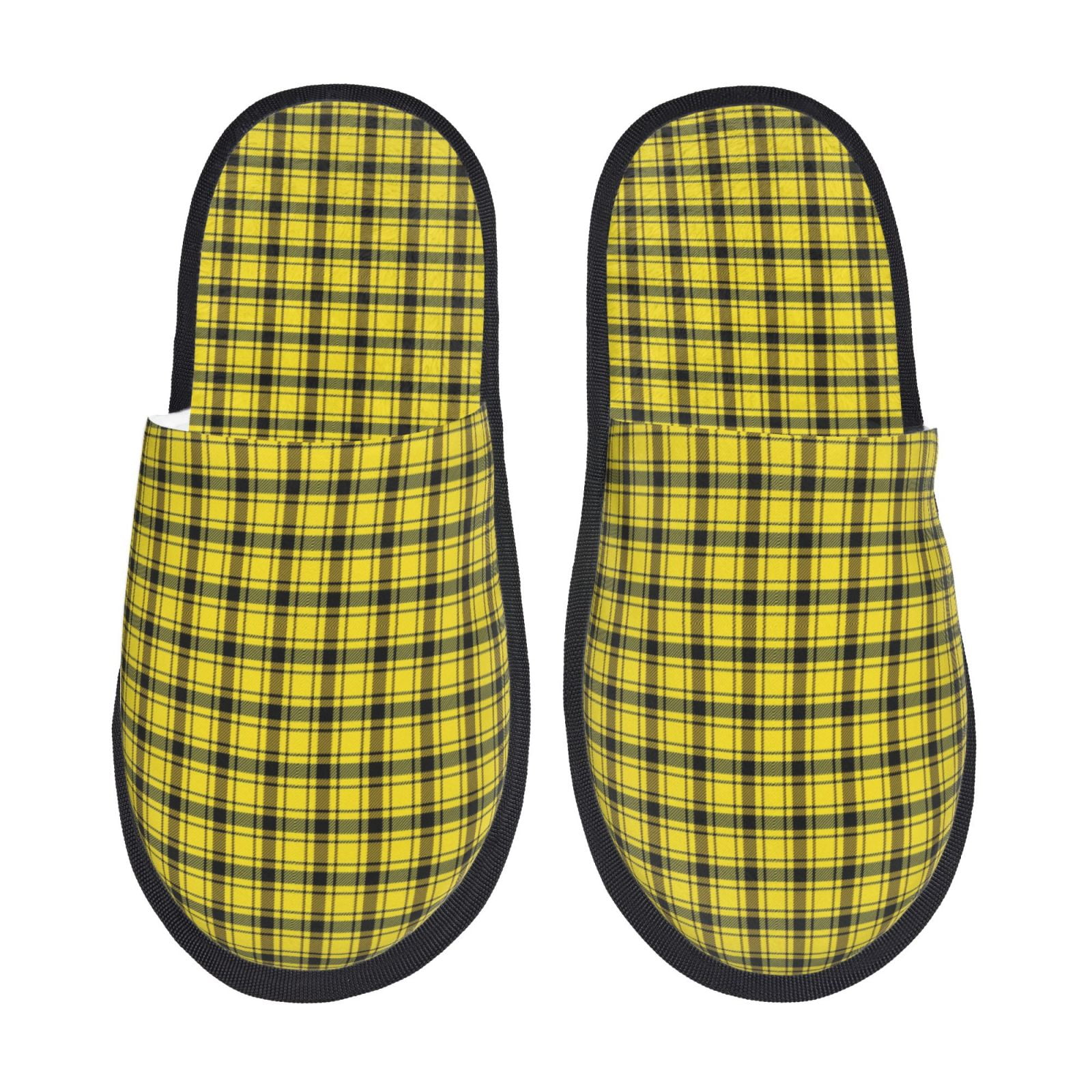Daiia Yellow Checkered Plaid Pattern Furry Slippers for Women and Men ...