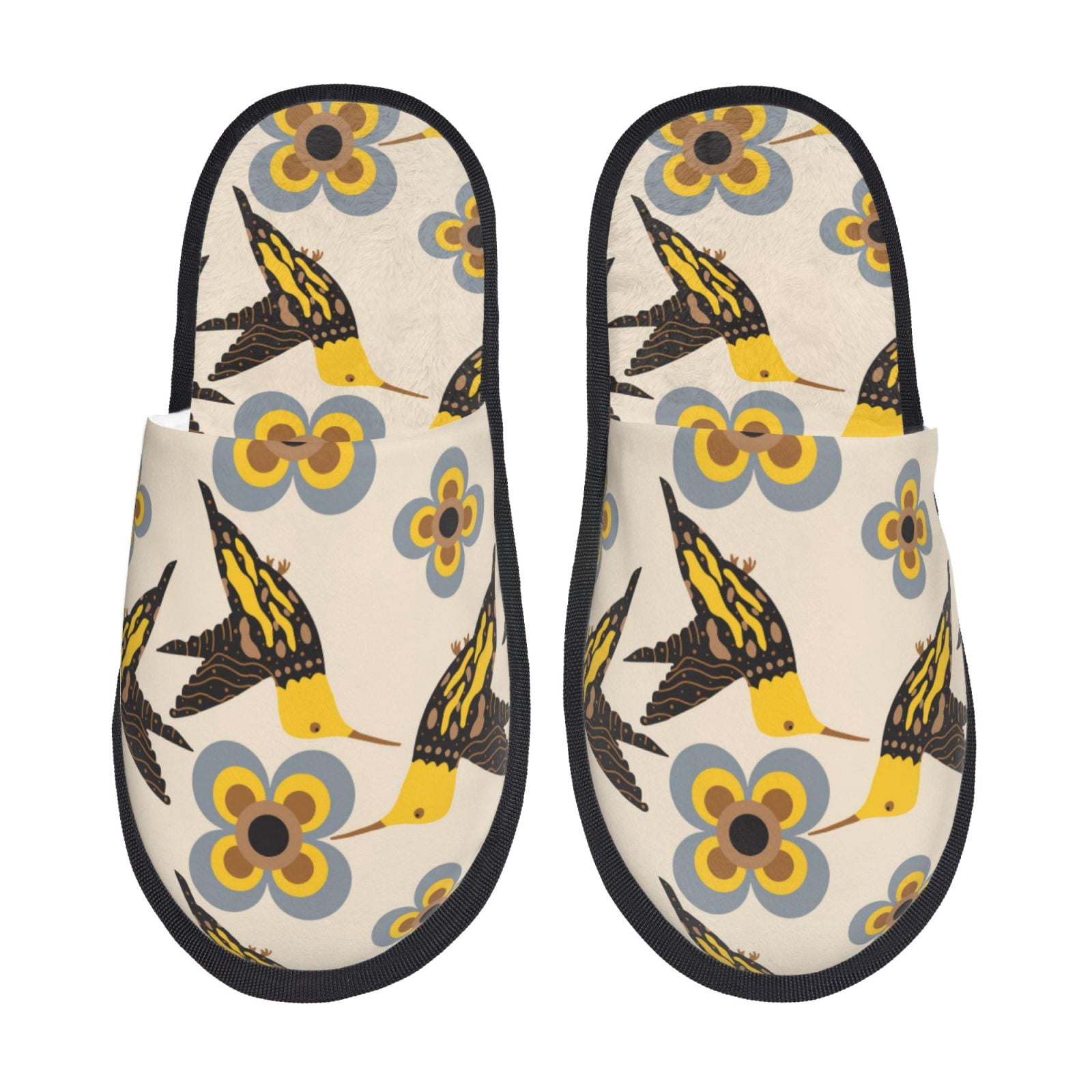 Daiia Yellow Flowers Hummingbird Pattern Furry Slippers for Women and ...
