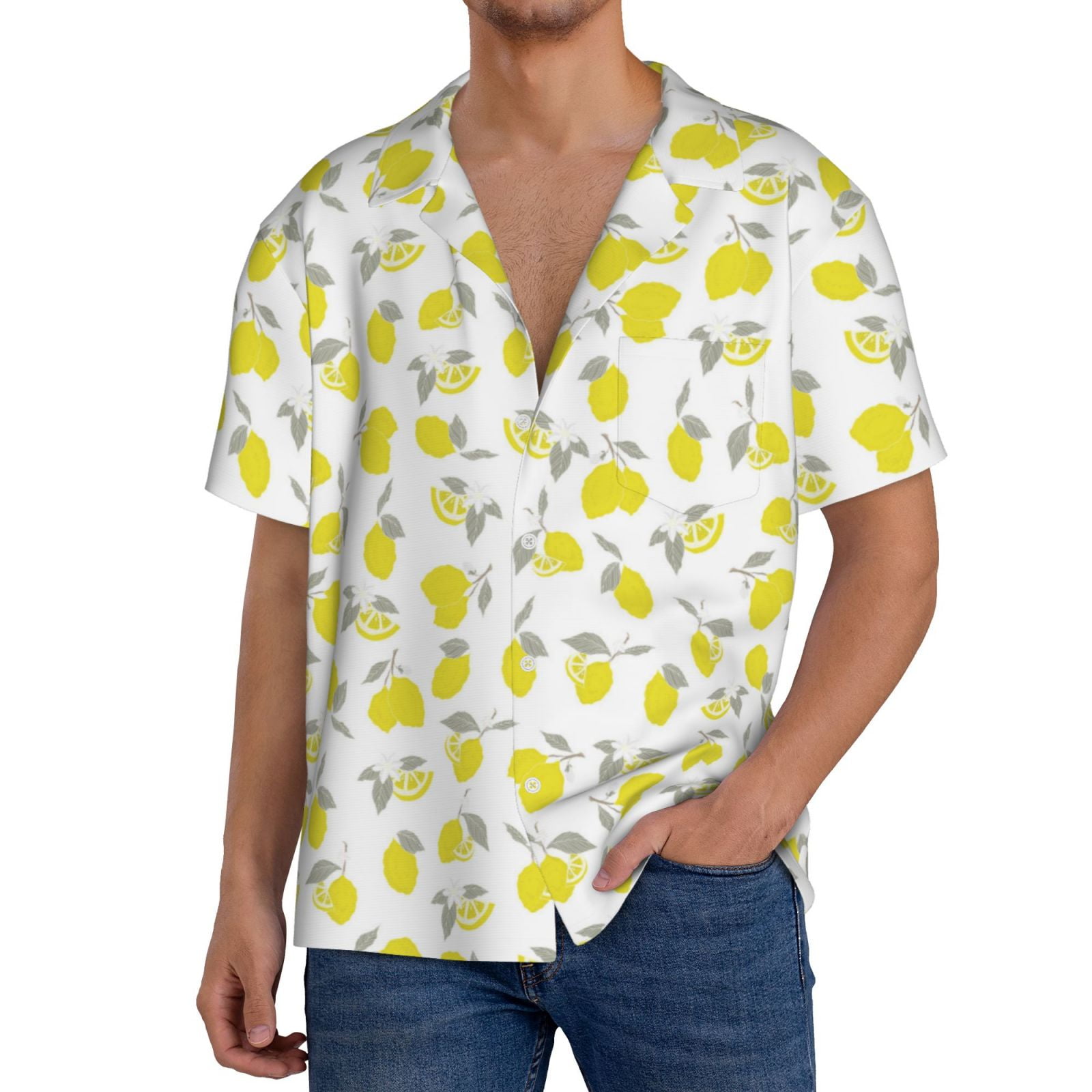 Daiia Yellow Lemon Leaves Men's Linen Shirts Short Sleeve Casual Shirts ...