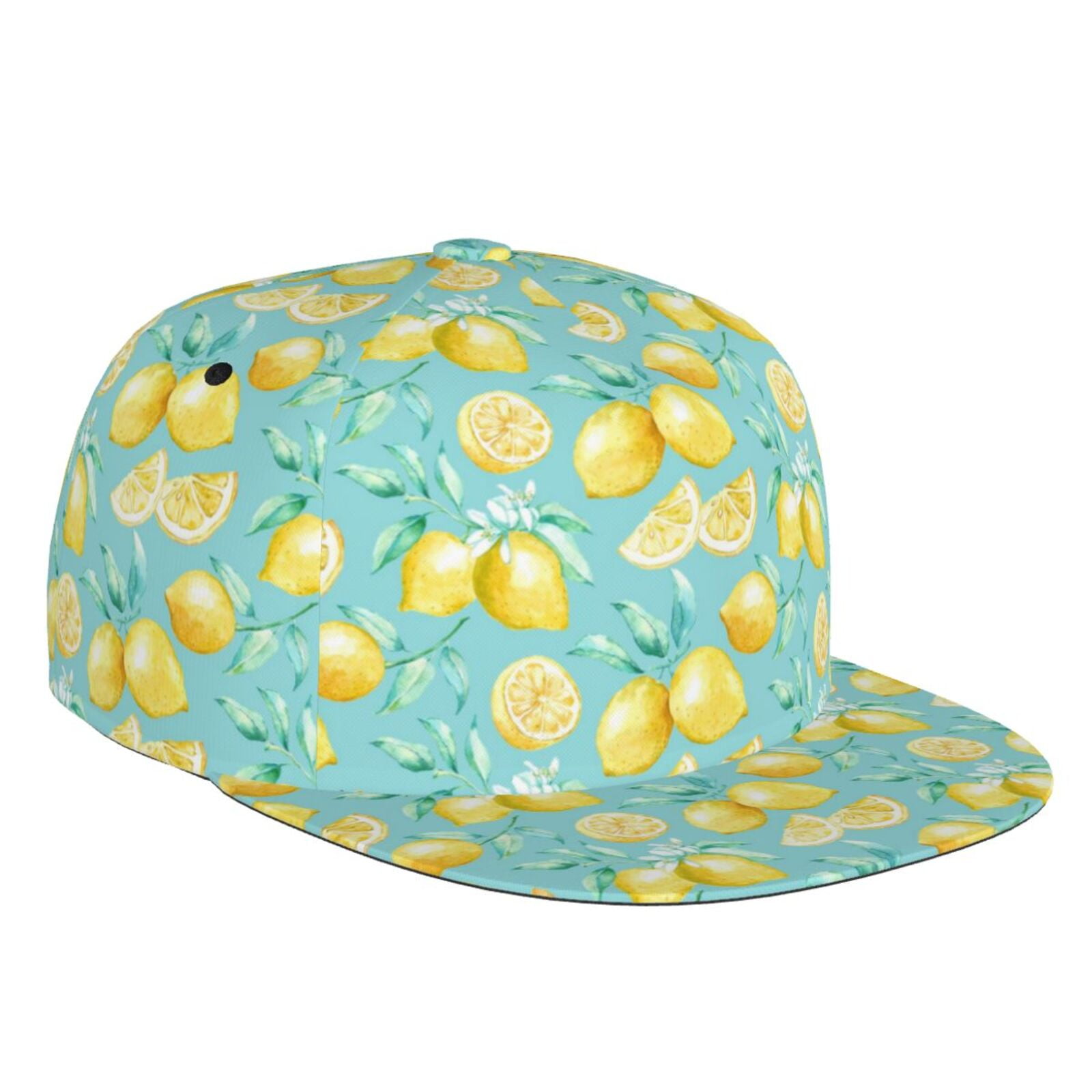 Daiia Yellow Lemon print Flat Bill Hats Flat Brim Trucker Cap Baseball ...