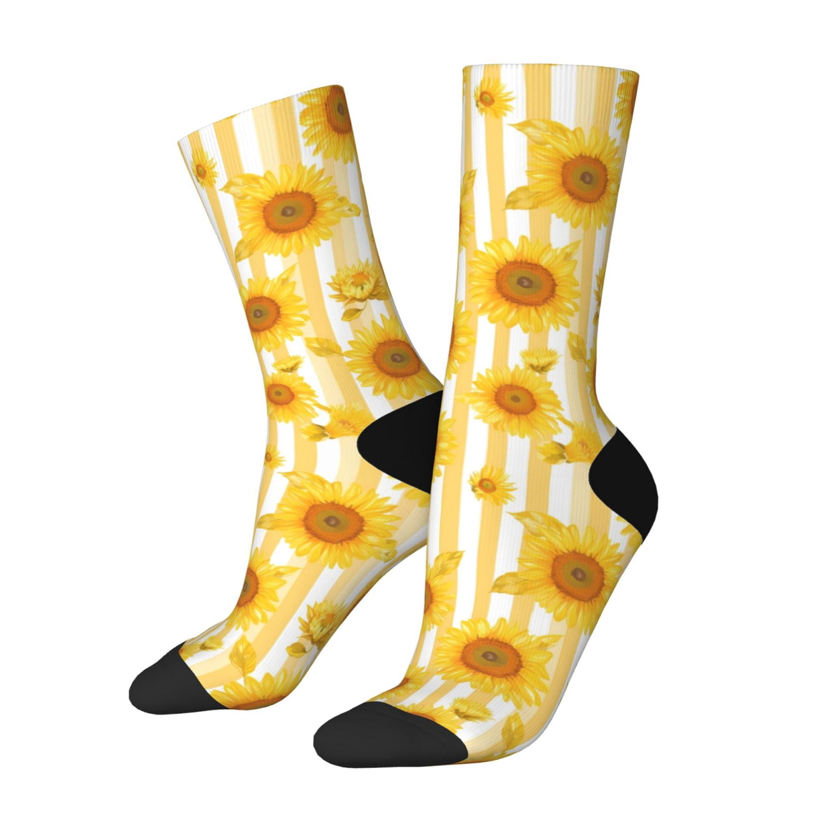 Daiia Yellow White Striped Sunflower Print Crew Socks – Soft Breathable ...