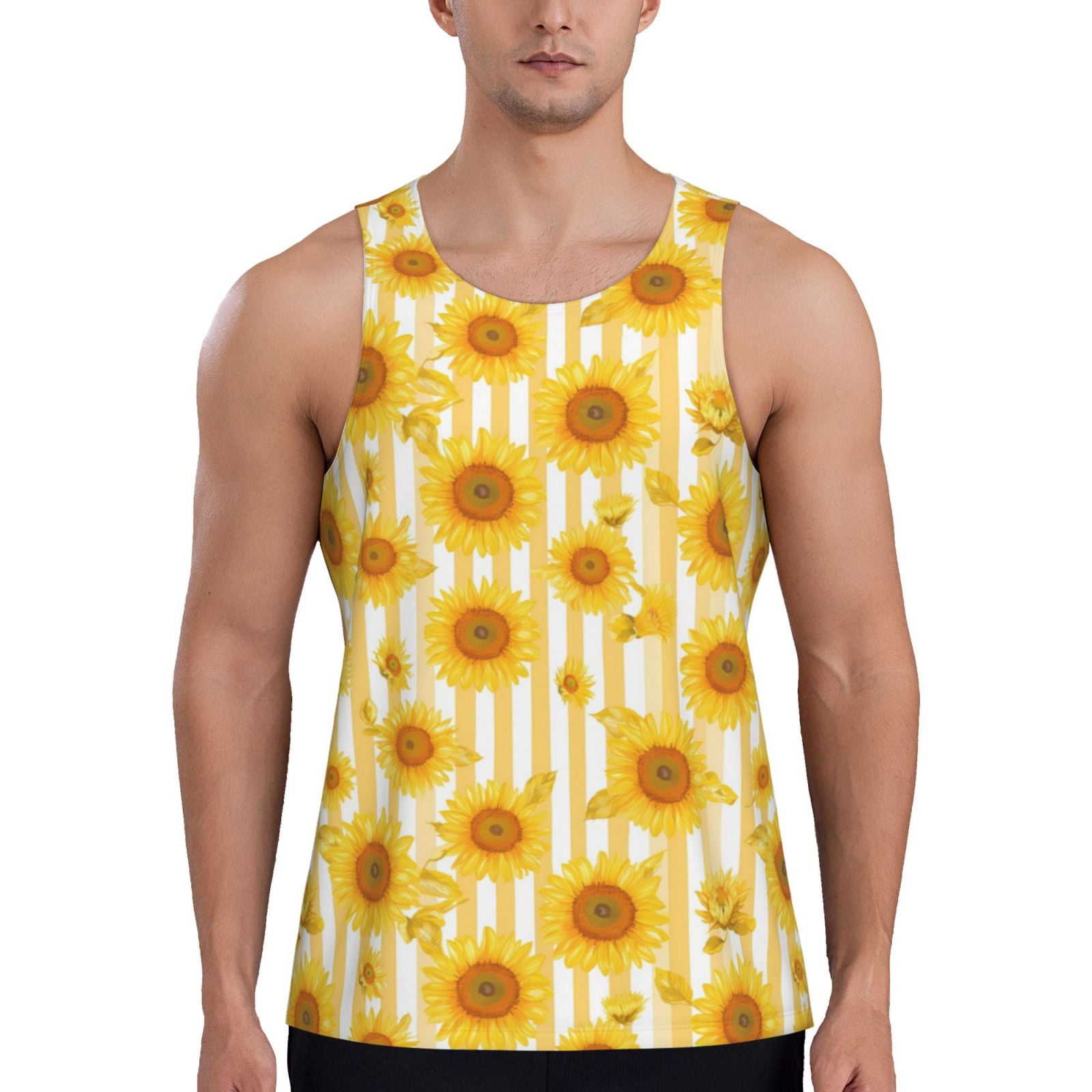 Daiia Yellow White Striped Sunflower Printed Men's Quick Dry Fit Muscle ...