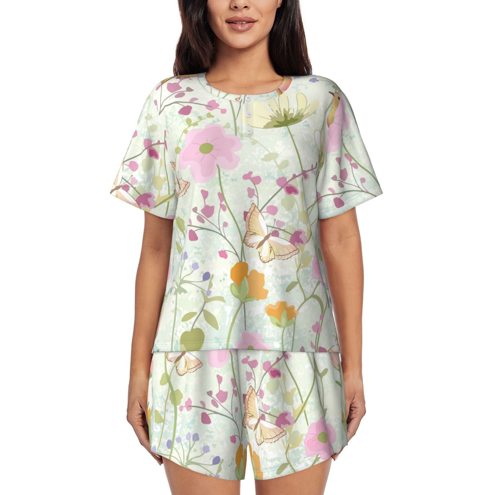 Daiia bird and butterfly Pattern Womens Pajama Sets Short Sleeve ...