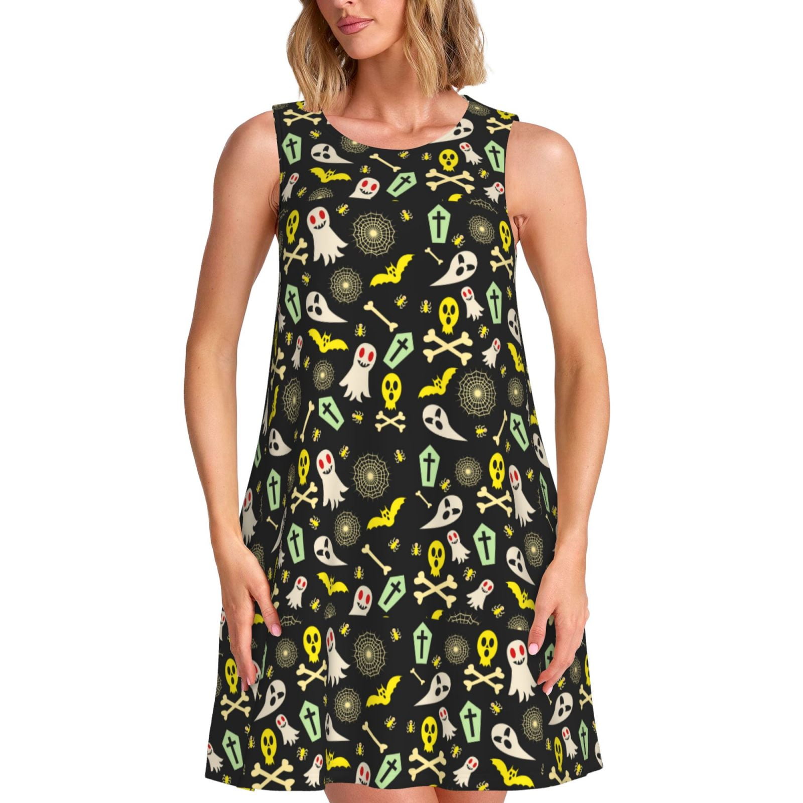 Daiia cartoon Skull spider web Print Women's Dresses 2025 Trendy Short ...