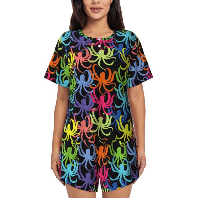 Daiia cartoon octopus Pattern Womens Pajama Sets Short Sleeve Pajamas ...