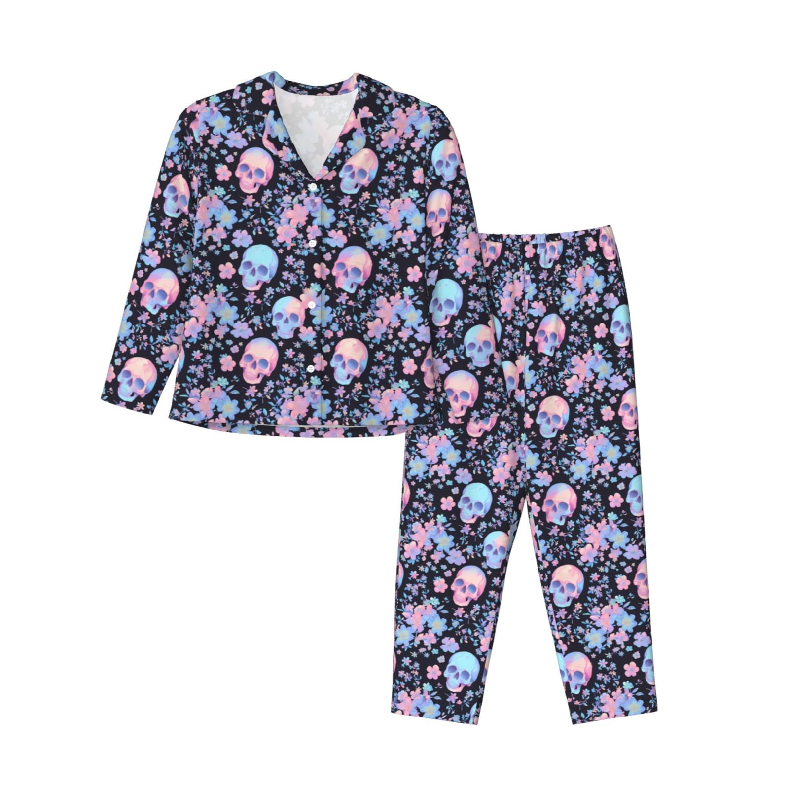 Daiia cool Skull flower for Women's Long-Sleeved Pajama Set – Soft ...